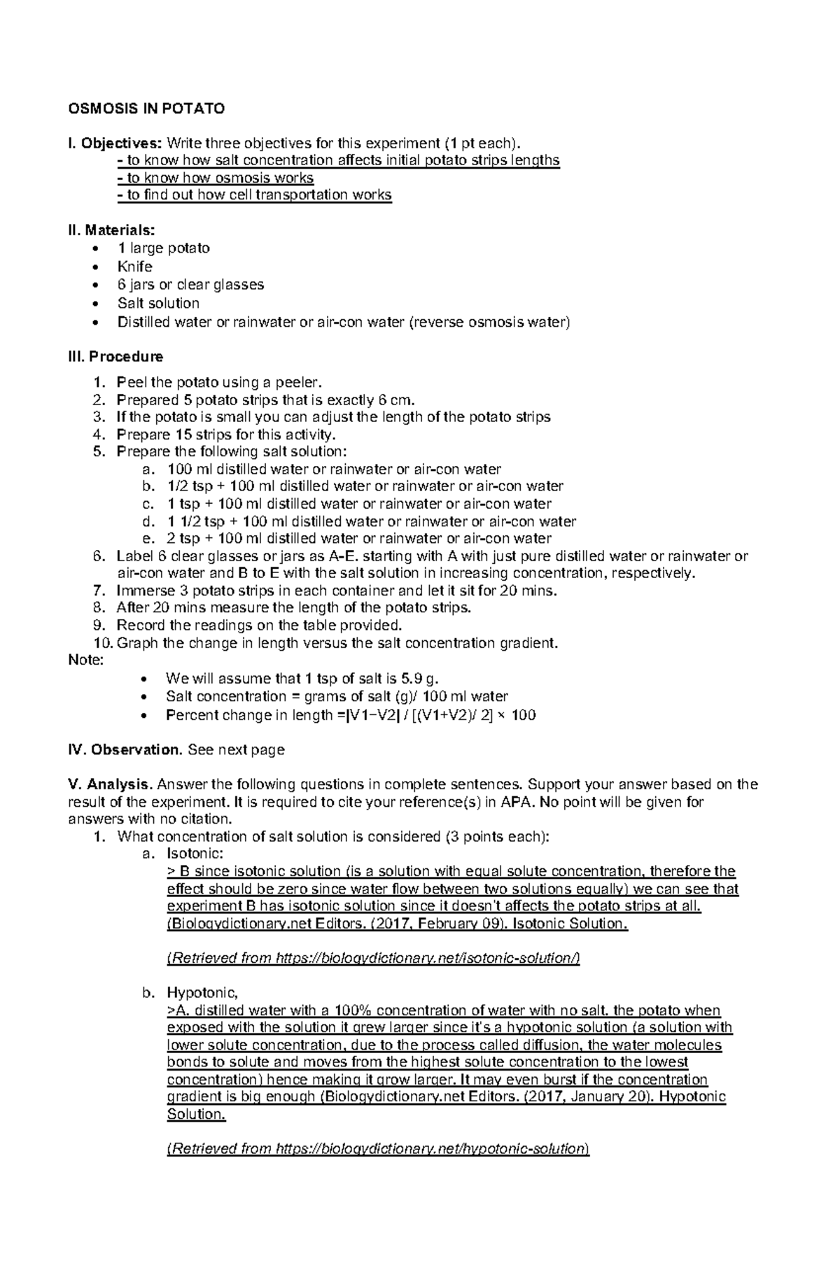 Science Experiment - Lecture notes on Biology. - OSMOSIS IN POTATO I ...