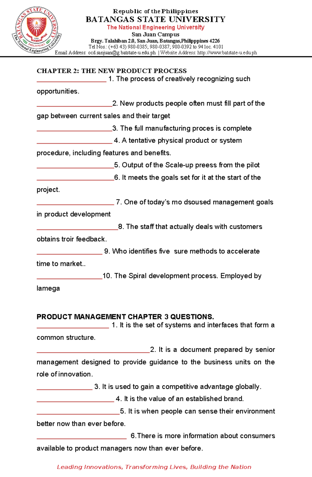 Product- Management quiz urself - BATANGAS STATE UNIVERSITY The ...