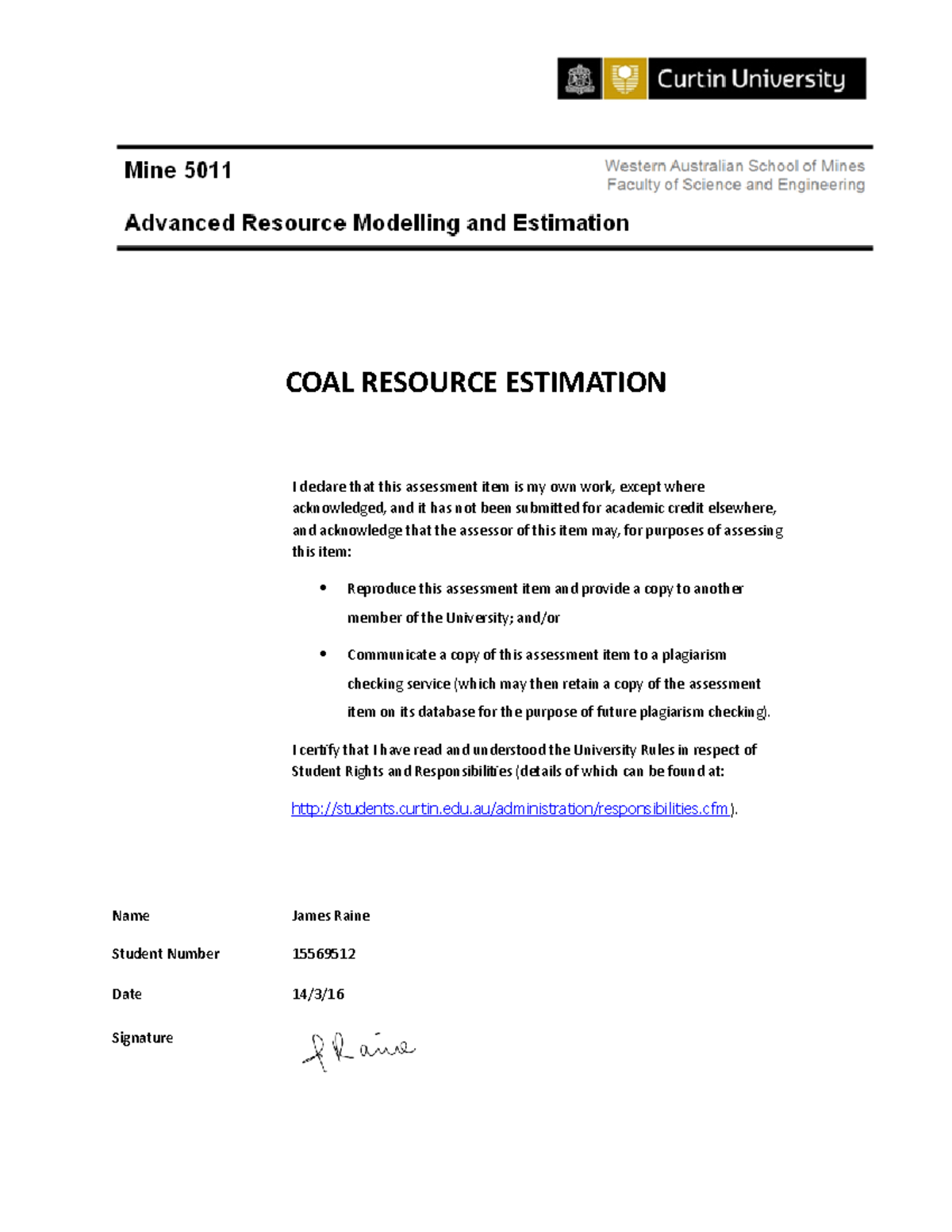 MINE 5011 COAL Report JR (Repaired) - COAL RESOURCE ESTIMATION I ...