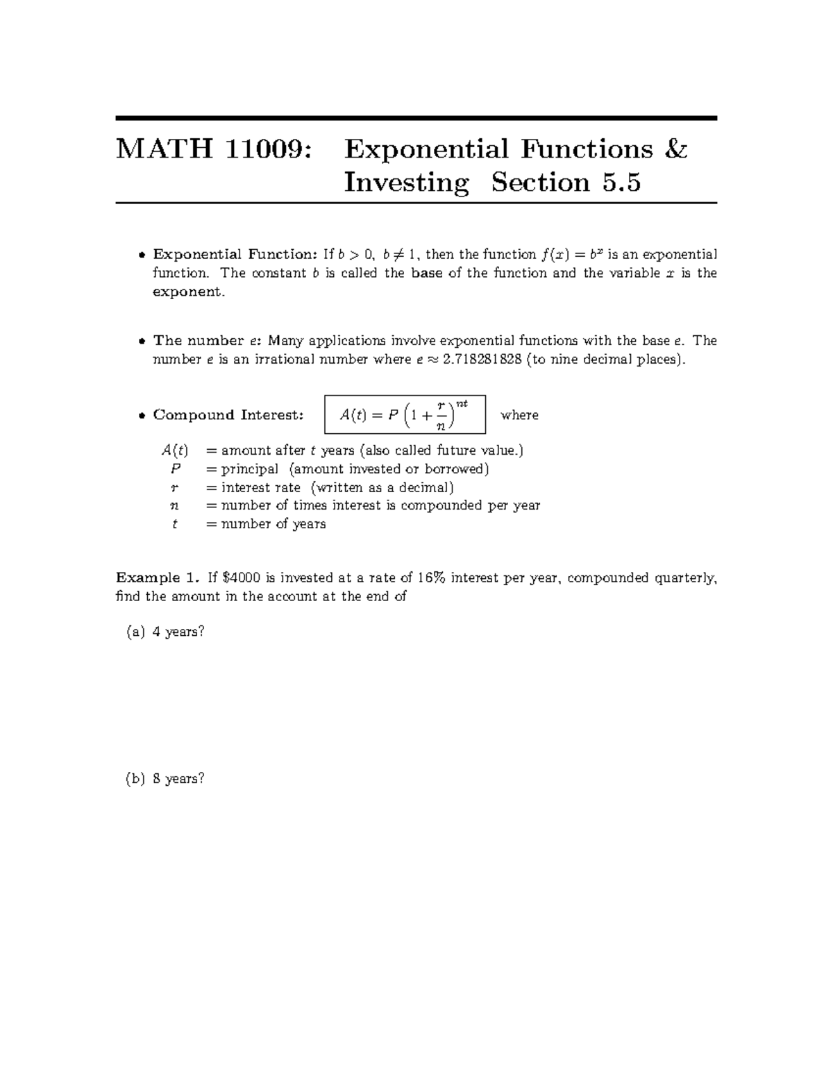 Exponential Functions&Investing - Investing Section 5. Exponential ...