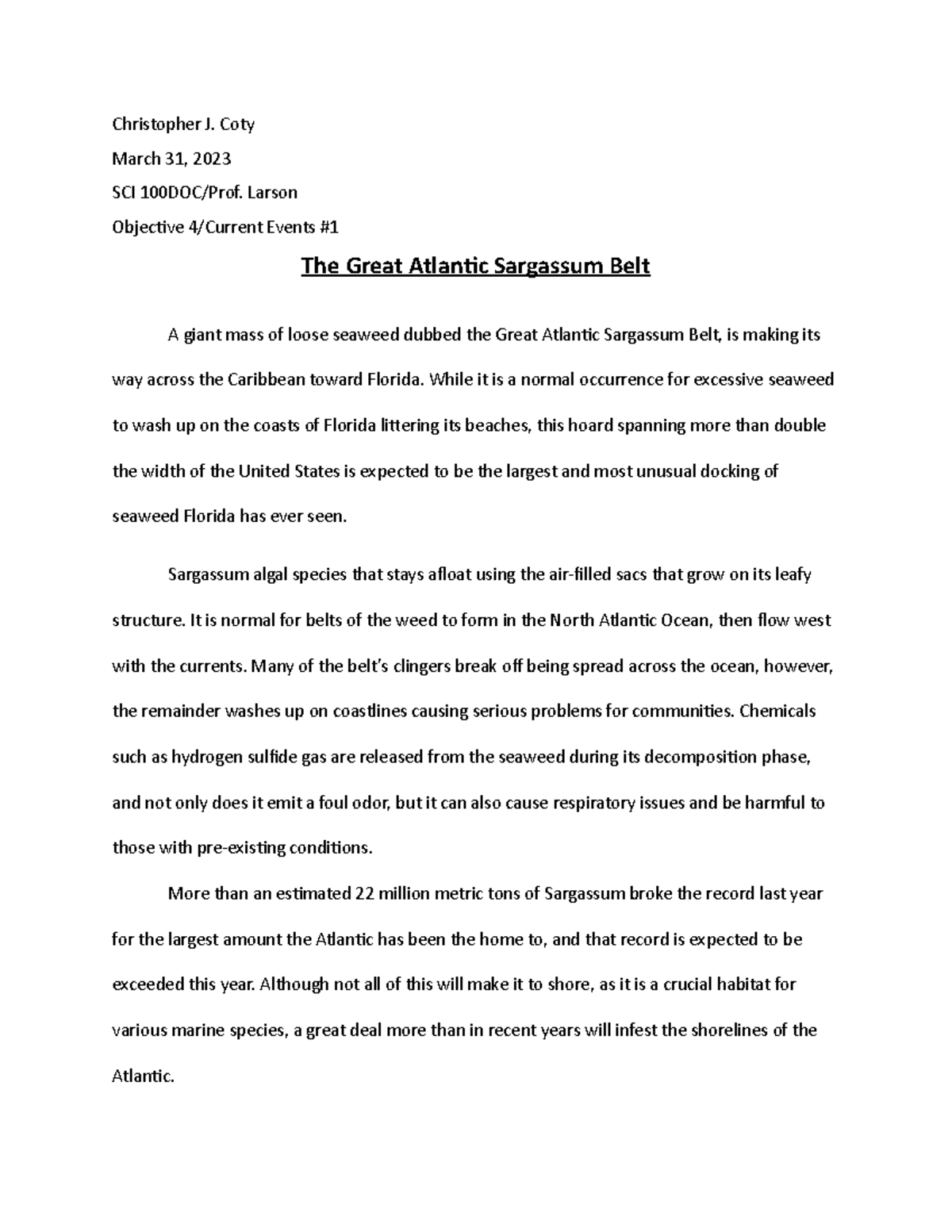 Current events assignment - Christopher J. Coty March 31, 2023 SCI ...