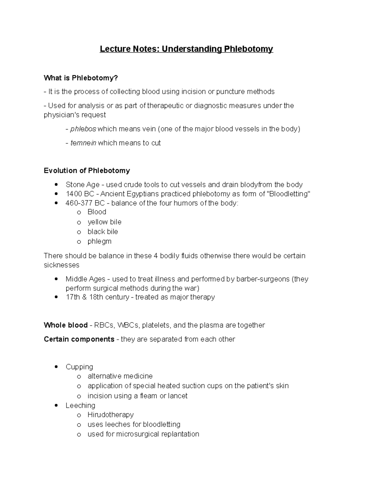 Lecture Notes - Understanding Phlebotomy - Lecture Notes: Understanding ...