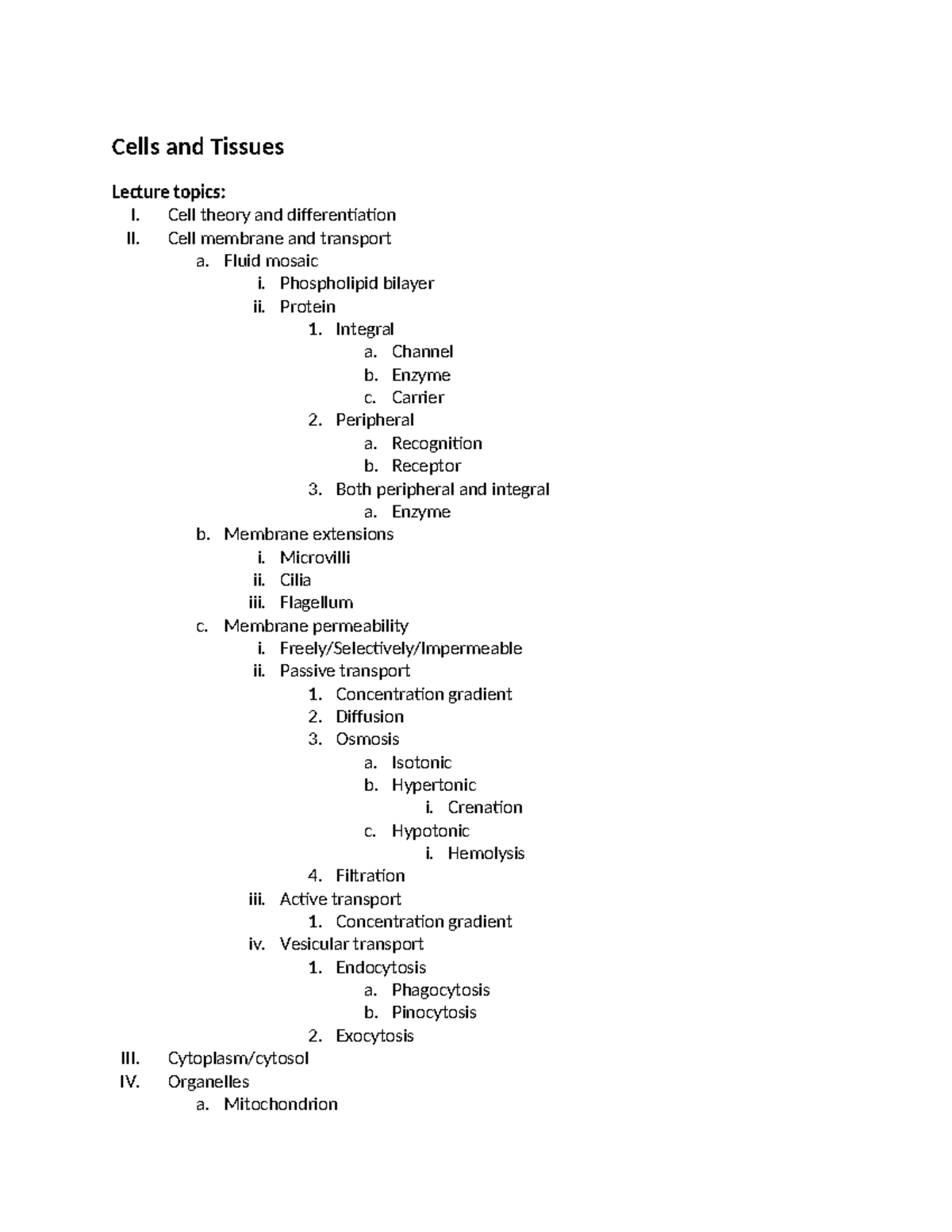 Cells and Tissues lecture outline - Cells and Tissues Lecture topics: I ...