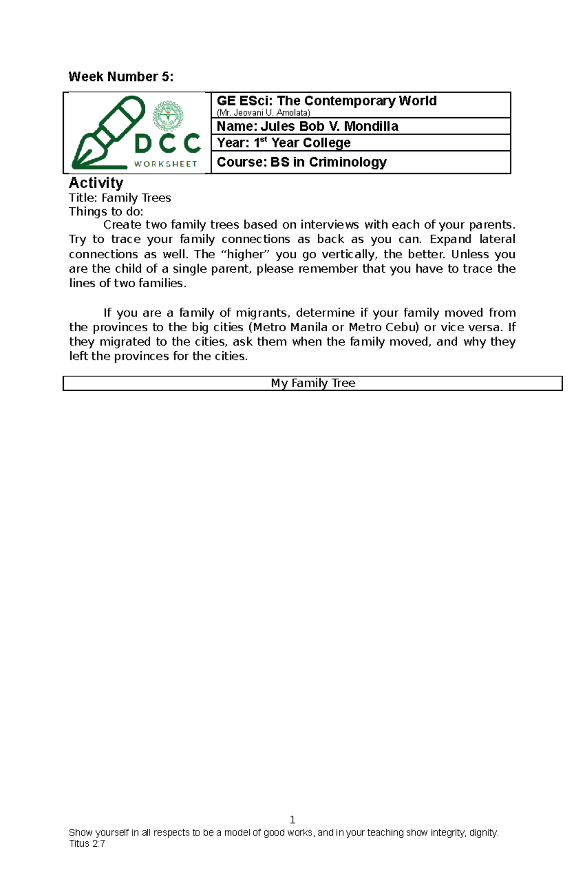 Week 5 - Learning-Activities and Assessment Mondilla J - Week Number 5 ...