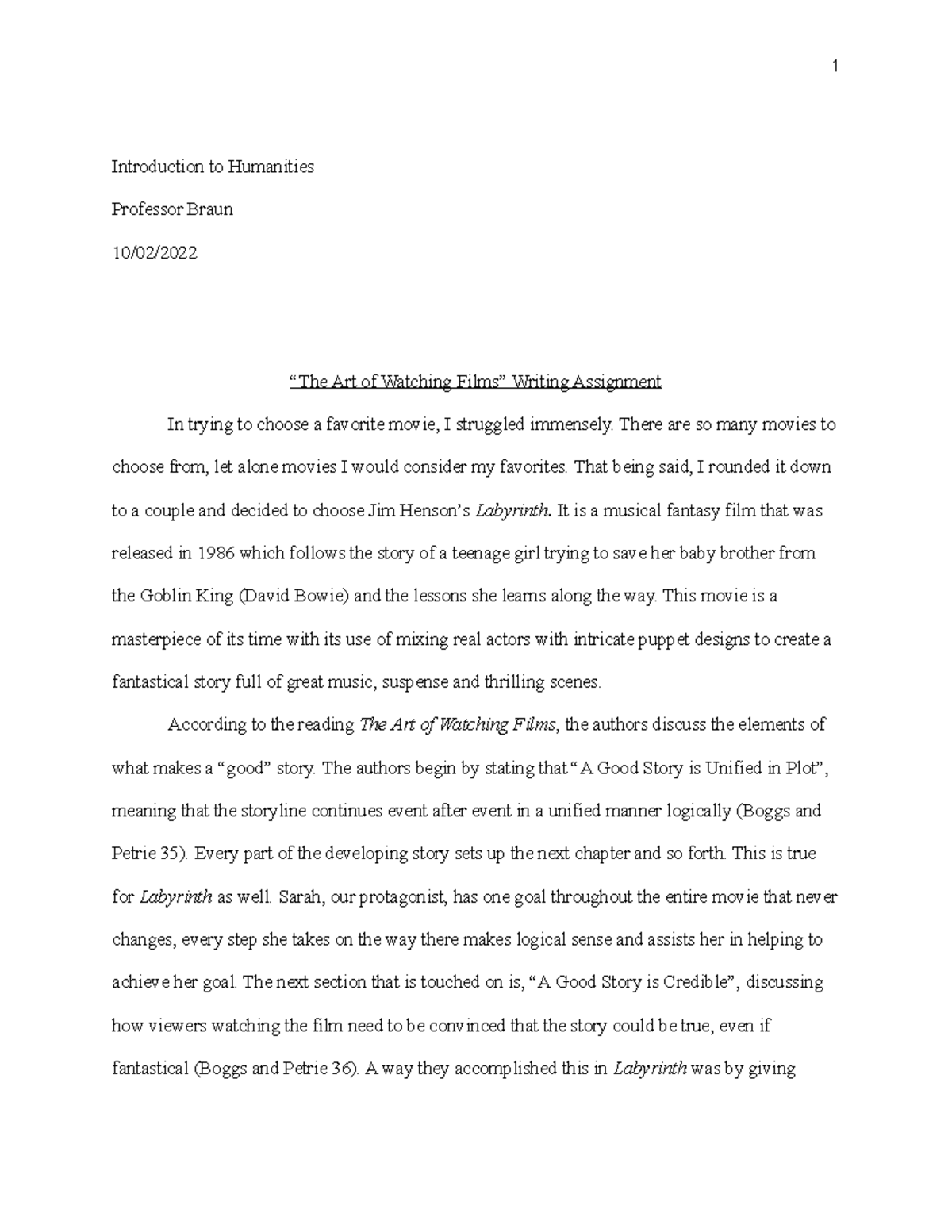 Humanities Writing Assignment - Introduction to Humanities Professor Braun 10/02/ “The Art of ...