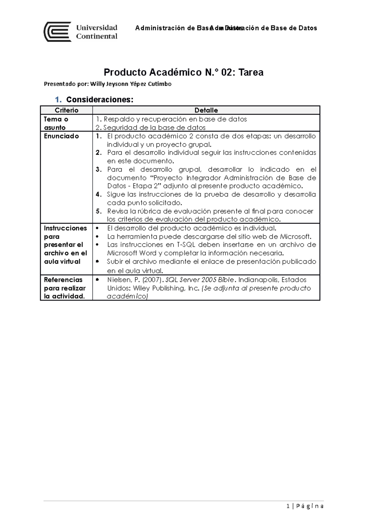 PA2 individual ADM BD Willy Yépez - Producto Académico N.° 02: Tarea Presentado por: Willy ...