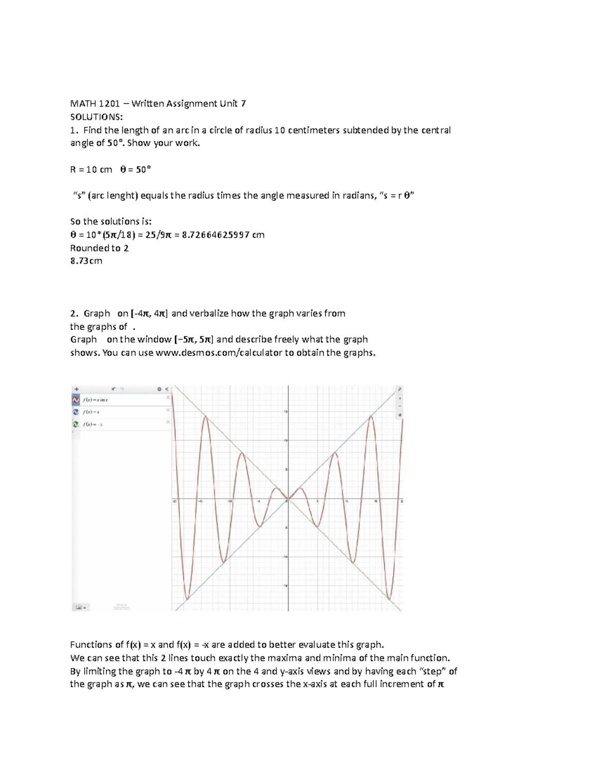 Written assignment 7 - Math - MATH 1201 – Wri琀琀en Assignment Unit 7 ...