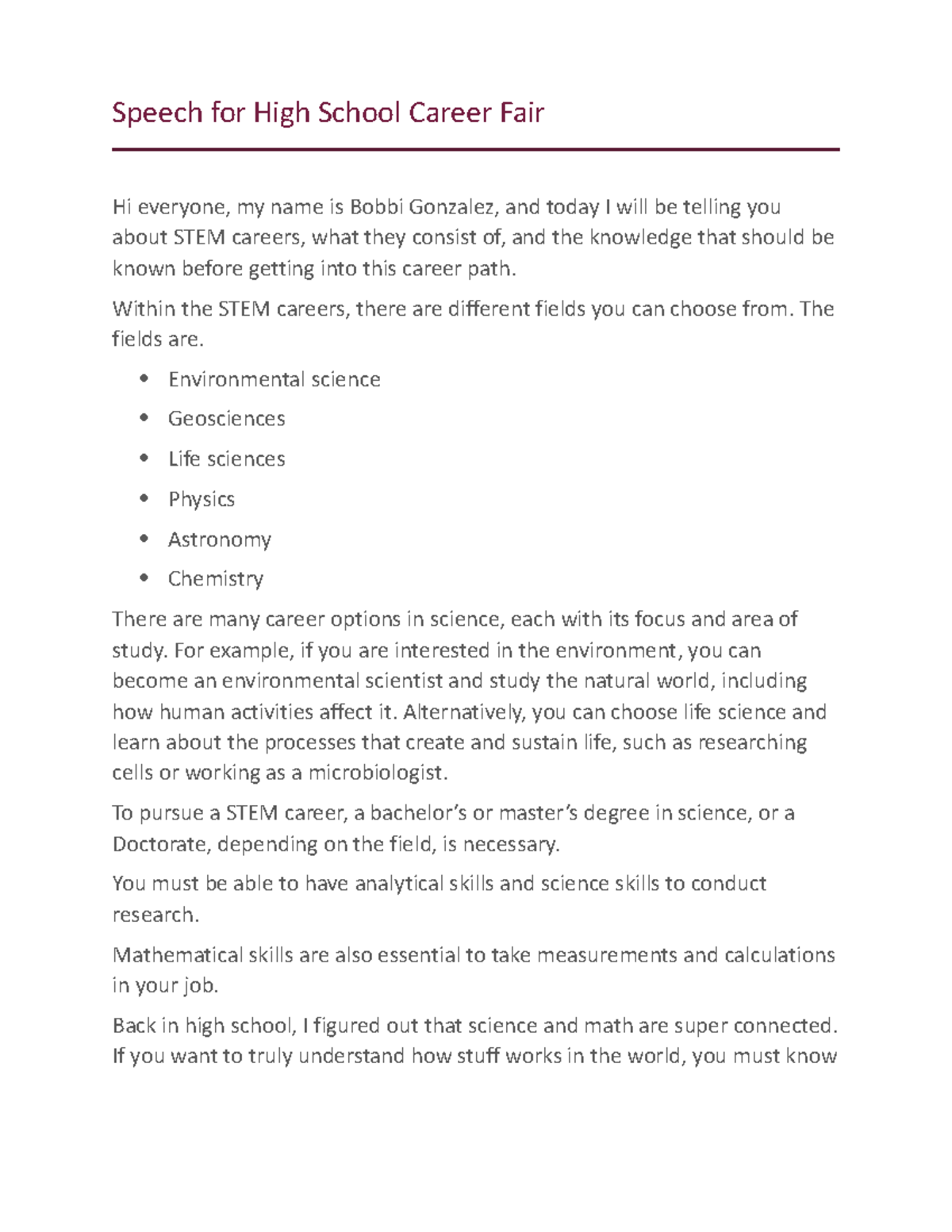 Speech for High School Career Fair - Within the STEM careers, there are ...
