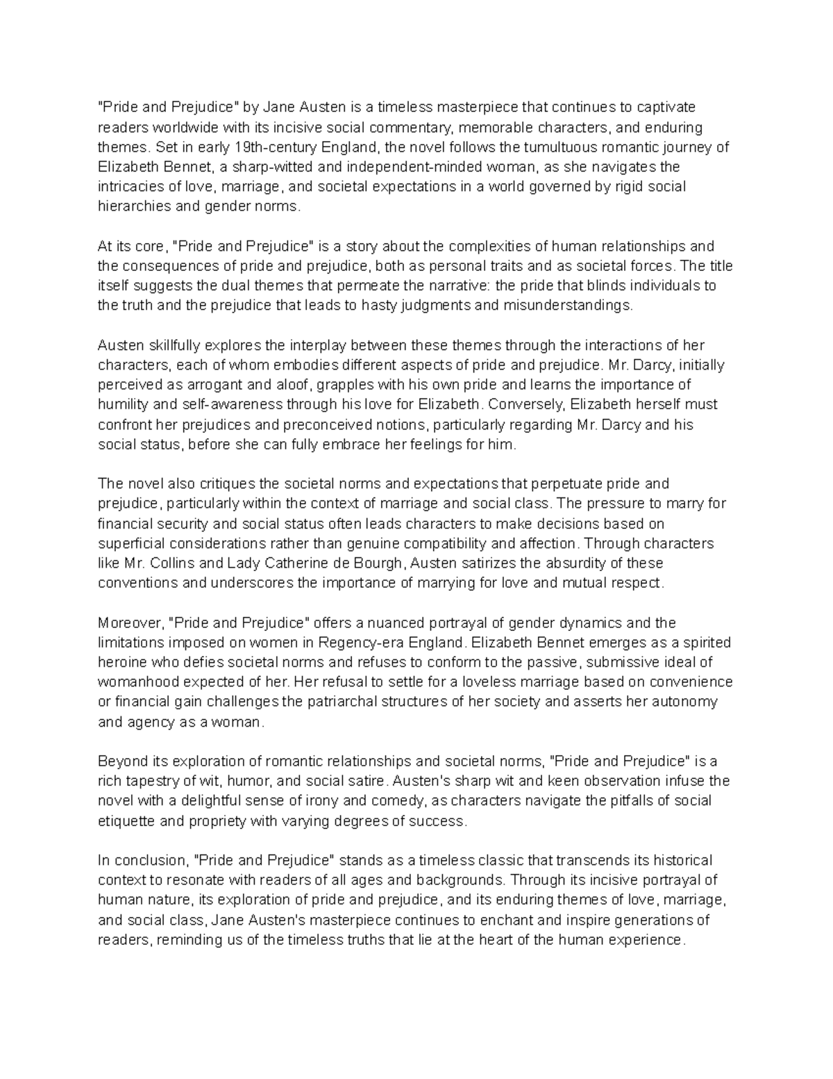 Pride and Prejudice essay - "Pride and Prejudice" by Jane Austen is a ...
