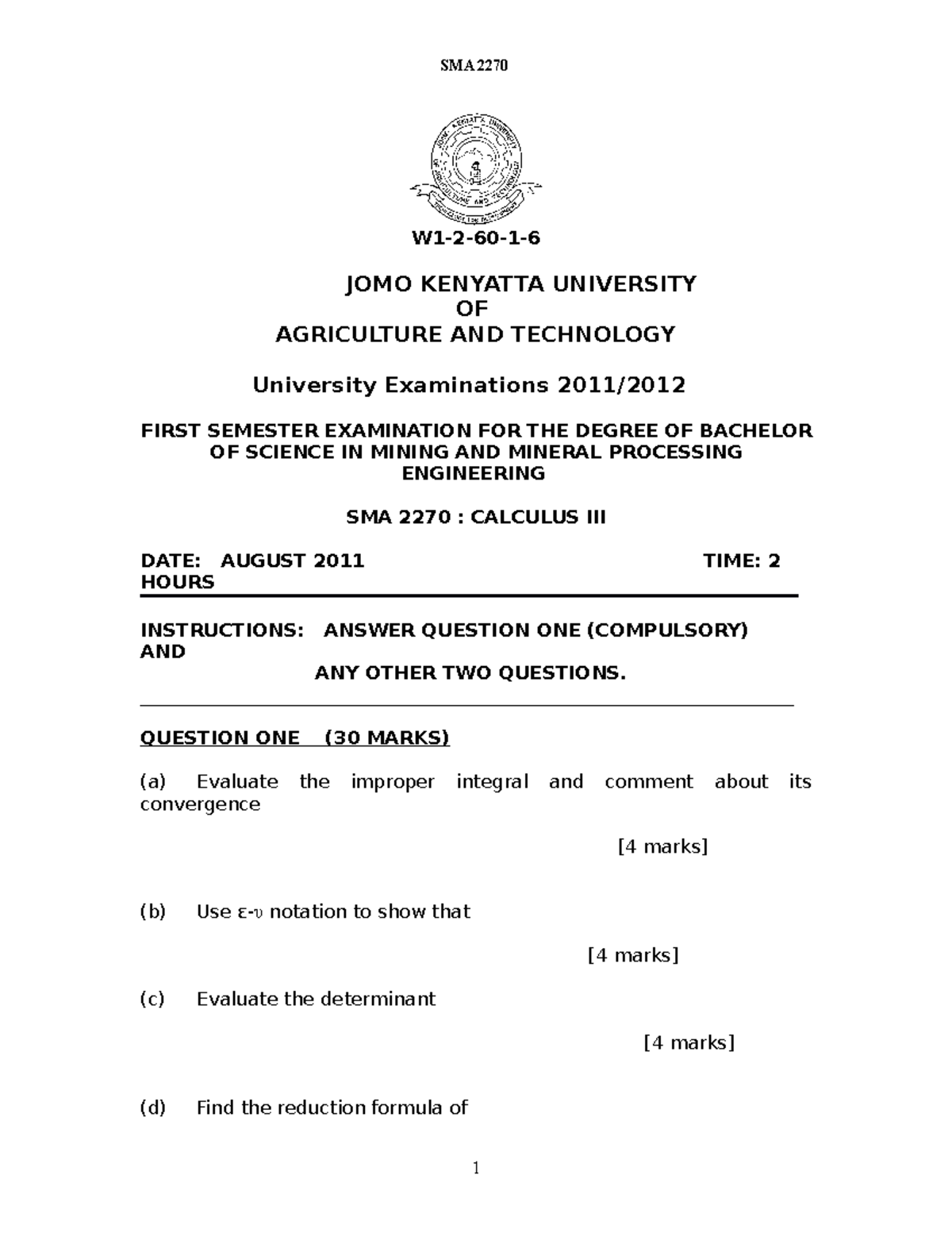 SMA 2270 (REG) - SMA 2270 W1-2-60-1- JOMO KENYATTA UNIVERSITY OF AGRICULTURE AND TECHNOLOGY ...