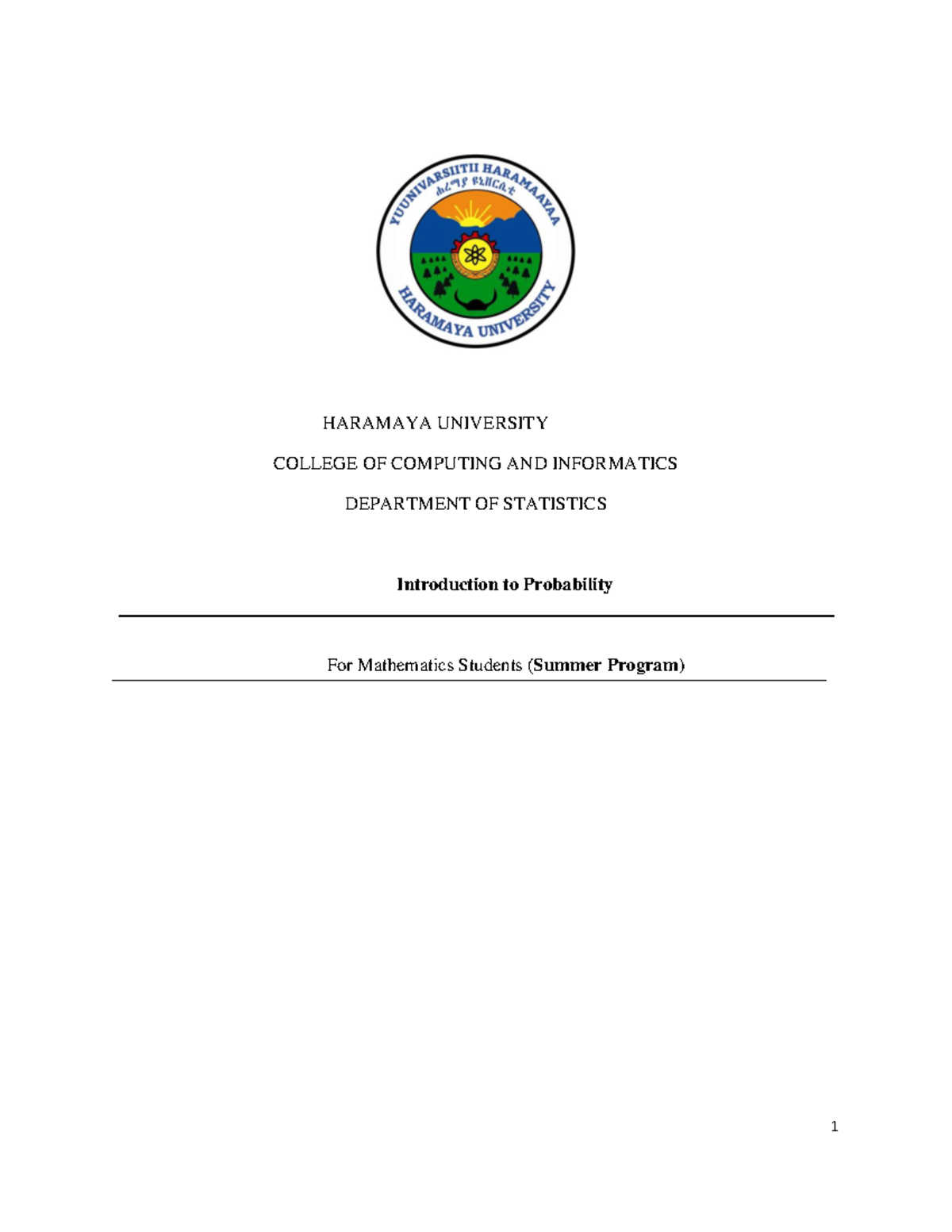 Introduction to Probability Handout - HARAMAYA UNIVERSITY COLLEGE OF COMPUTING AND INFORMATICS ...