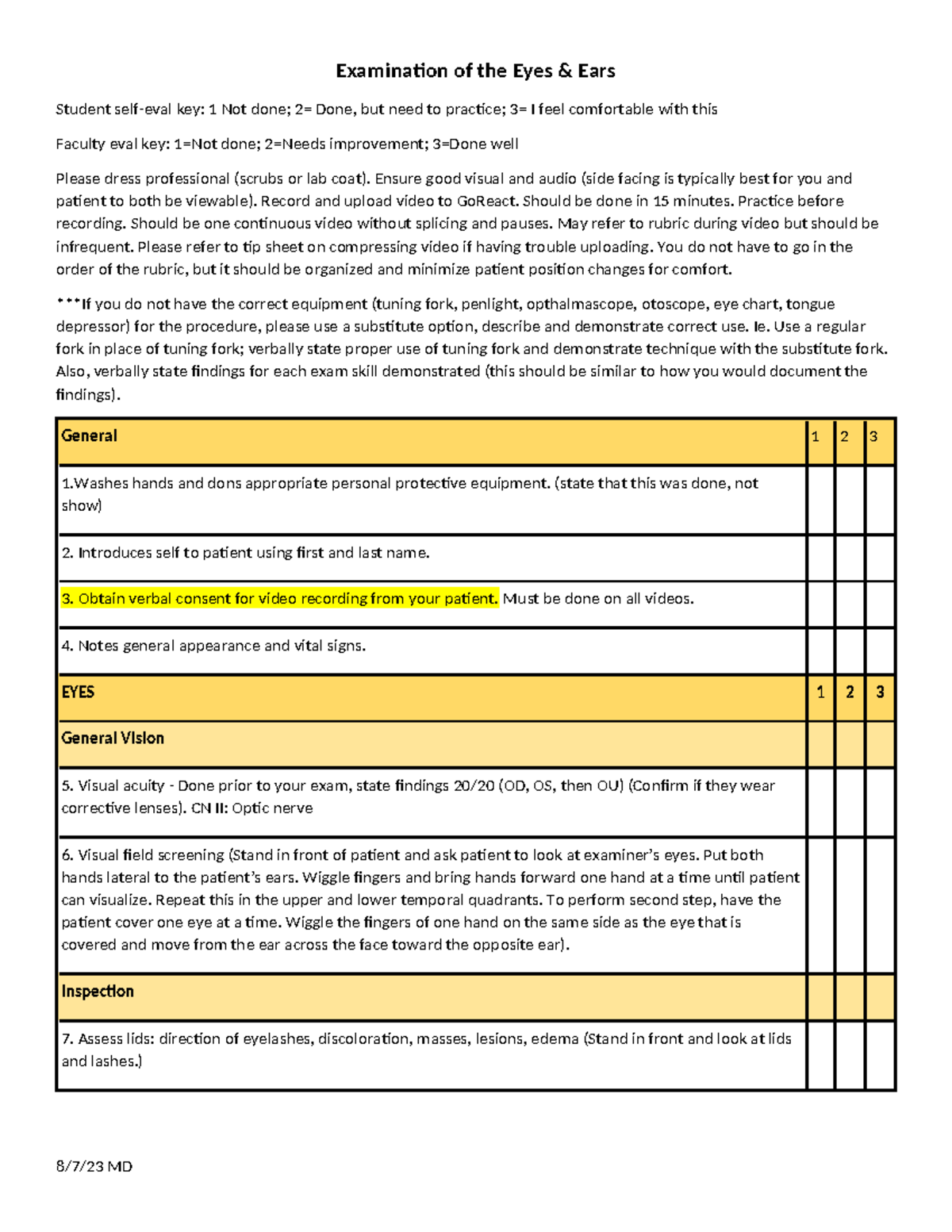 Eyes and Ears PE Rubric 2023 - Examination of the Eyes & Ears Student ...