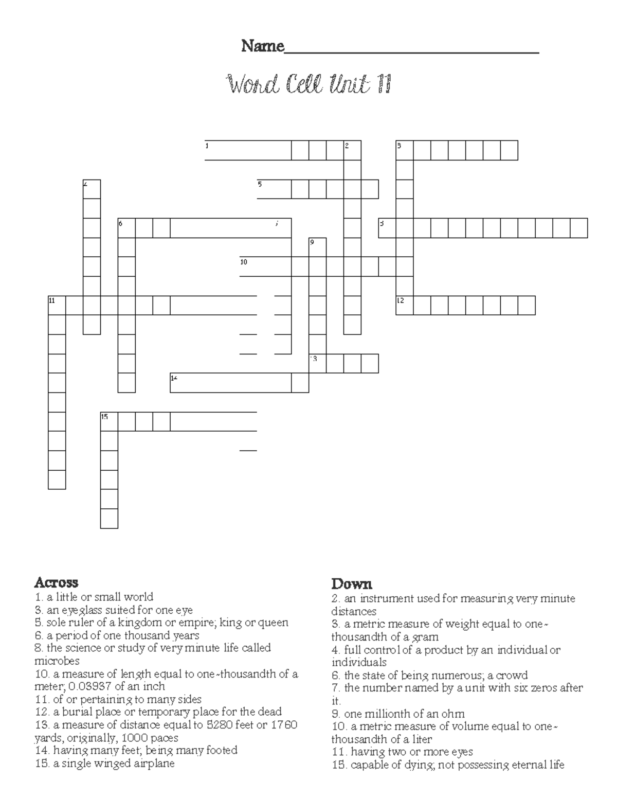 Word Cell 11 Crossword-1-1 - Name____________________________ Across a ...