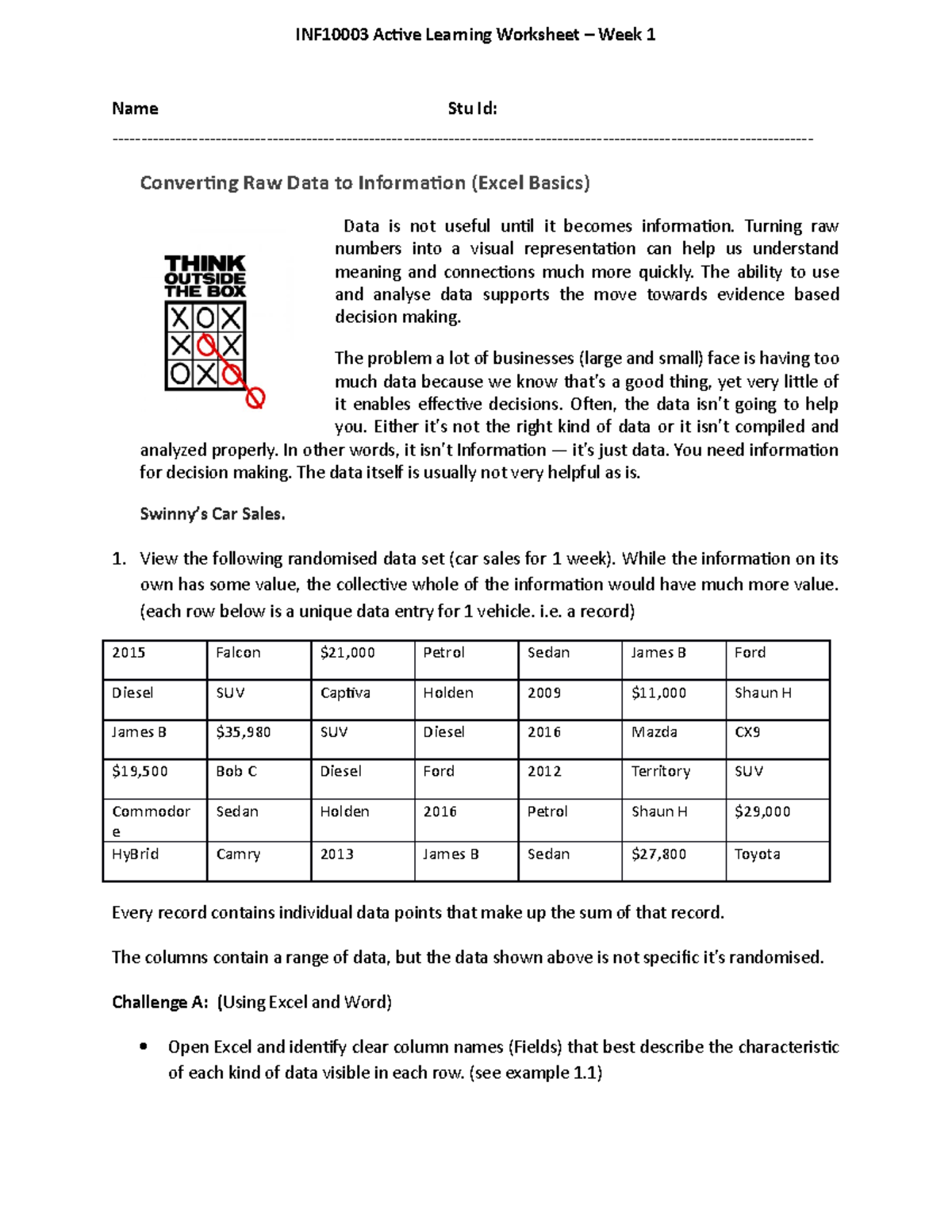 Action Learning Work Sheet Week 2-1 - INF10003 Active Learning ...