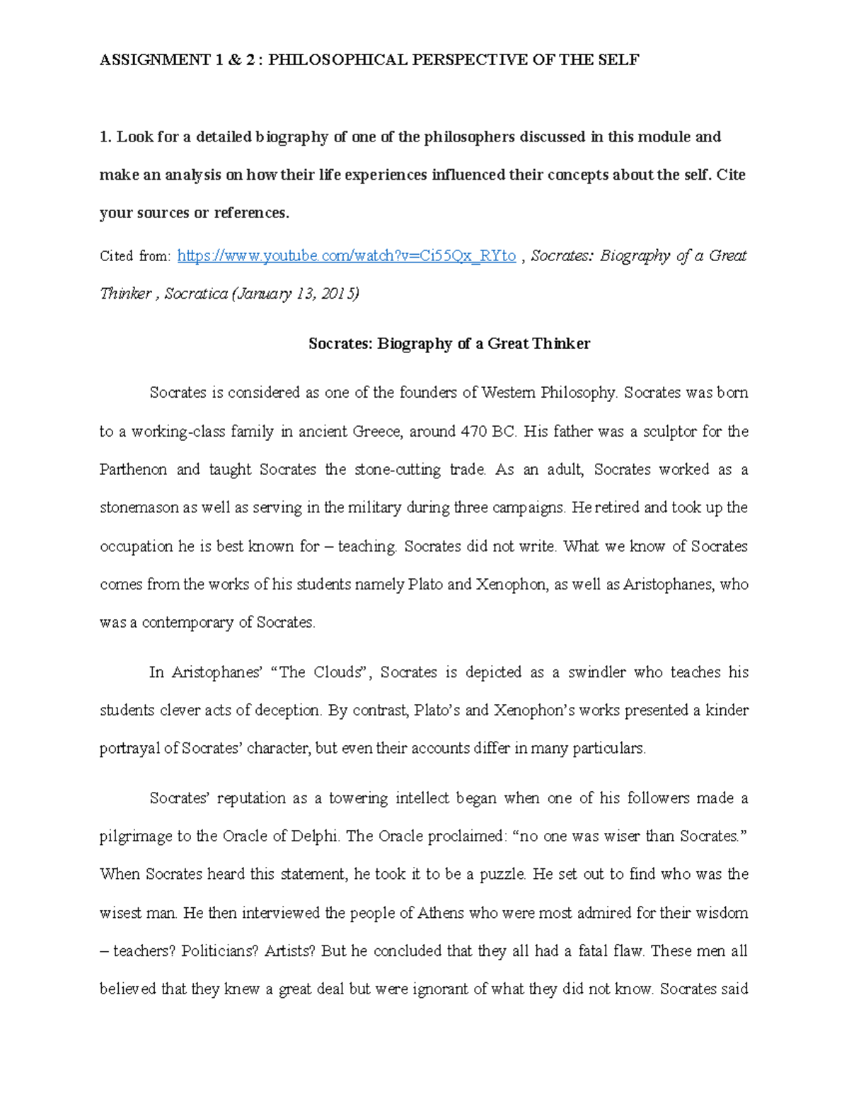 Philosophical Perspective of the Self - ASSIGNMENT 1 & 2 ...