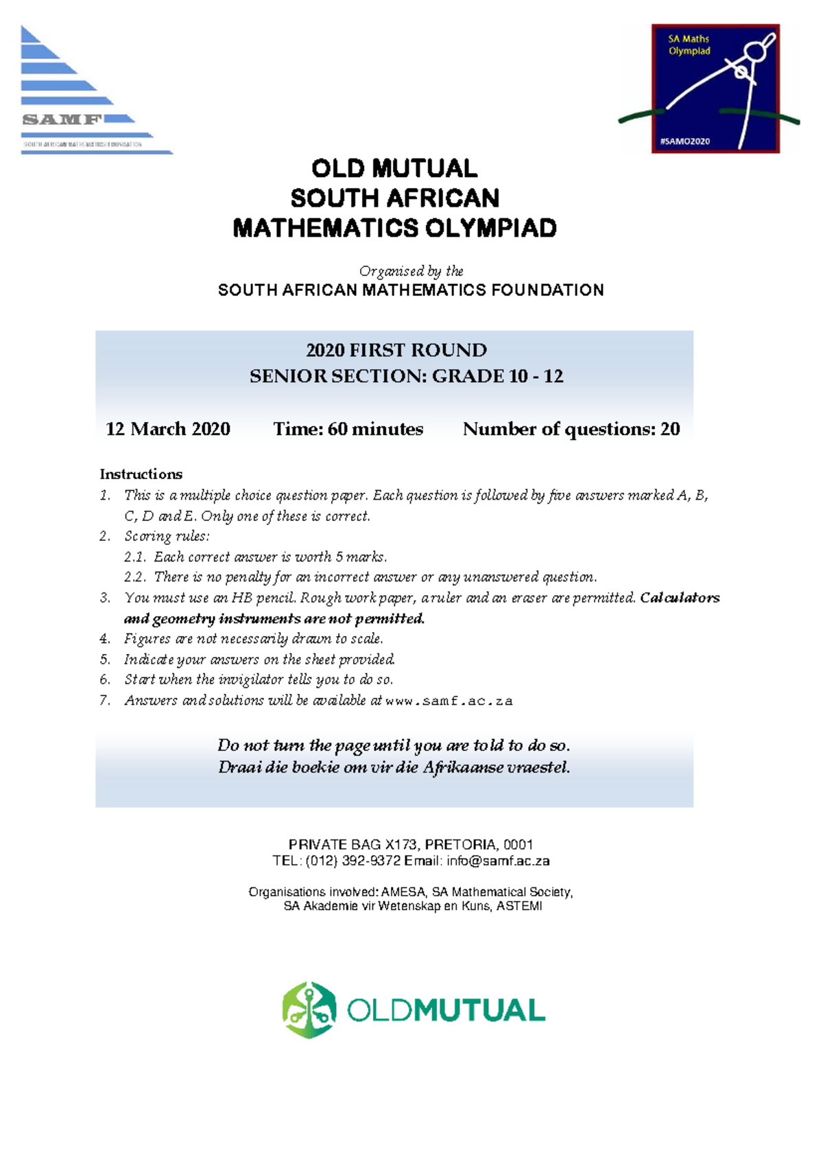 S1q2020 - OLD MUTUAL SOUTH AFRICAN MATHEMATICS OLYMPIAD Organised by ...