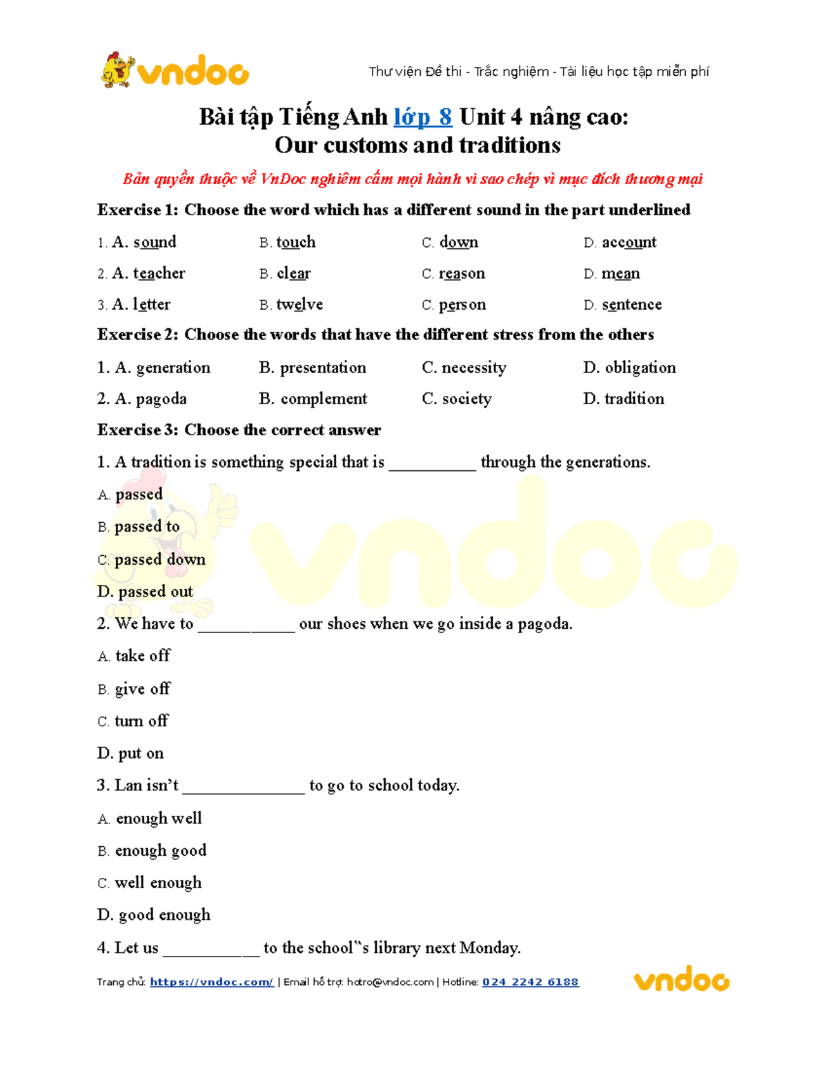 Bai tap tieng anh lop 8 unit 4 nang cao our customs and traditions - Bài tập Tiếng Anh lớp 8 ...