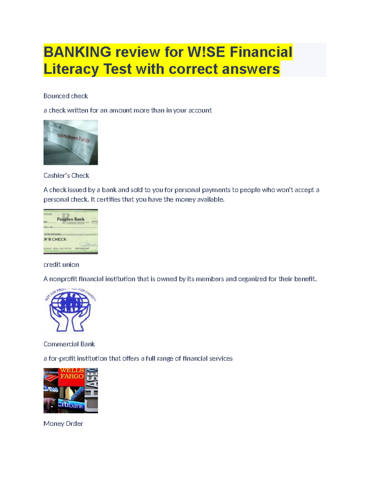 Banking review for WSE Financial Literacy Test with correct answers ...