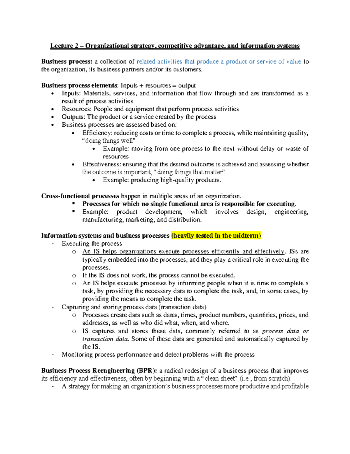 Lecture 2 Summary - Lecture 2 – Organizational strategy, competitive advantage, and information ...