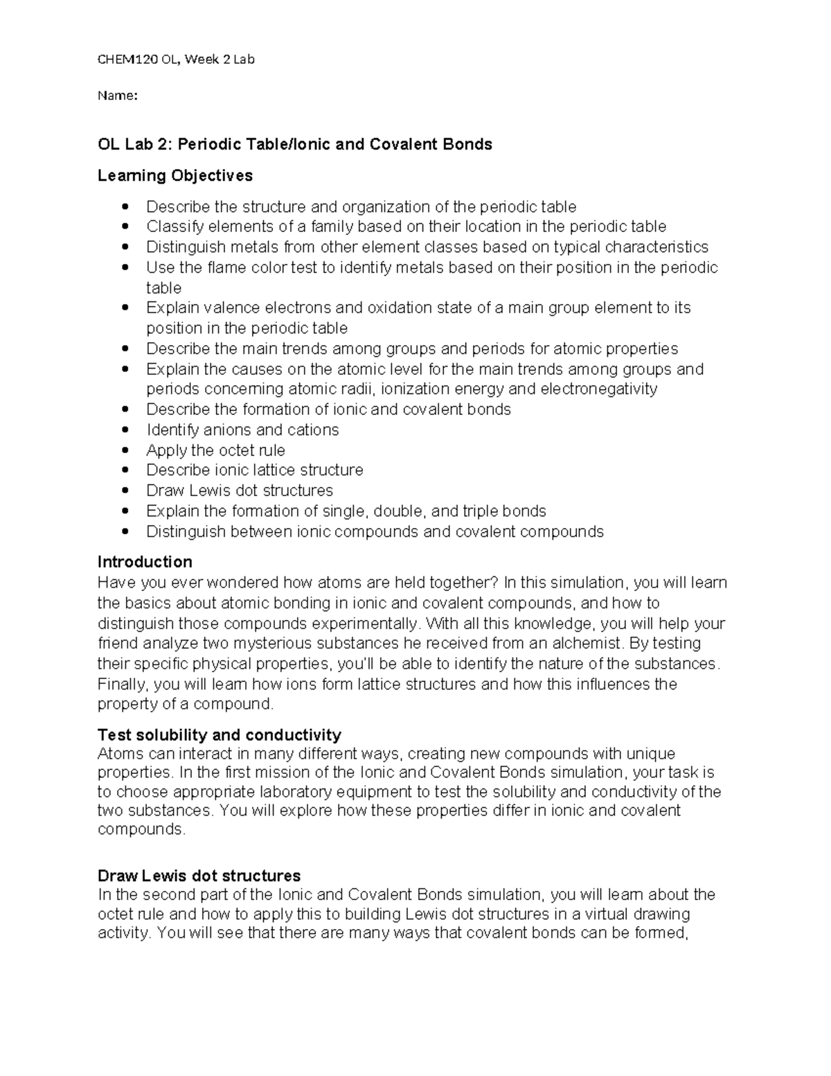 Week 2 Lab-Periodic Table and Ionic and Covalent Bonds - Name: OL Lab 2 ...