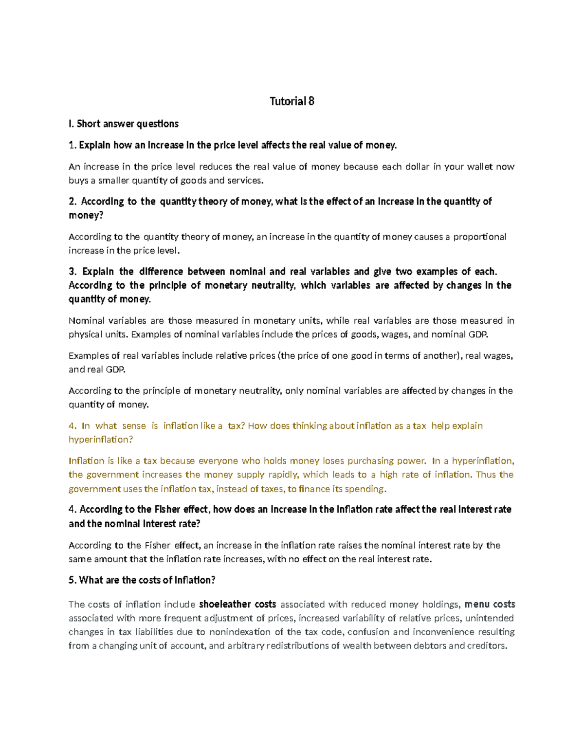 MAE revise - lecture - Tutorial 8 I. Short answer questions Explain how an increase in the price ...