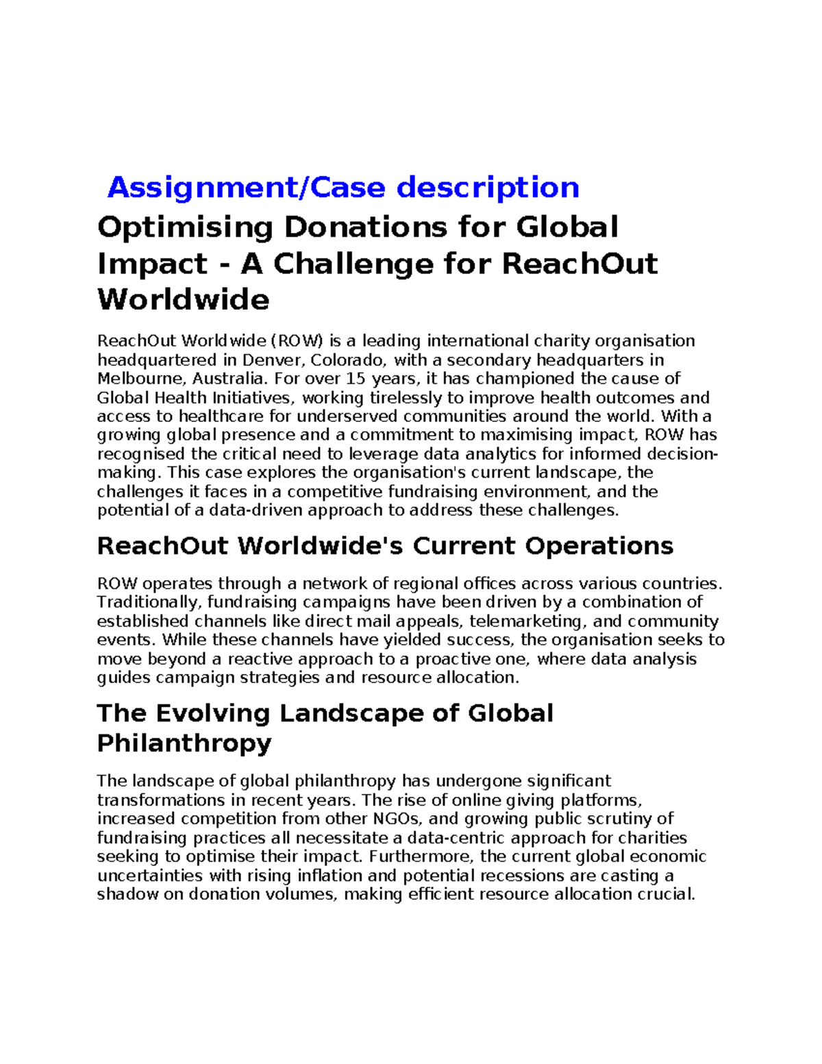 BA Donation Report part A - Assignment/Case description Optimising ...