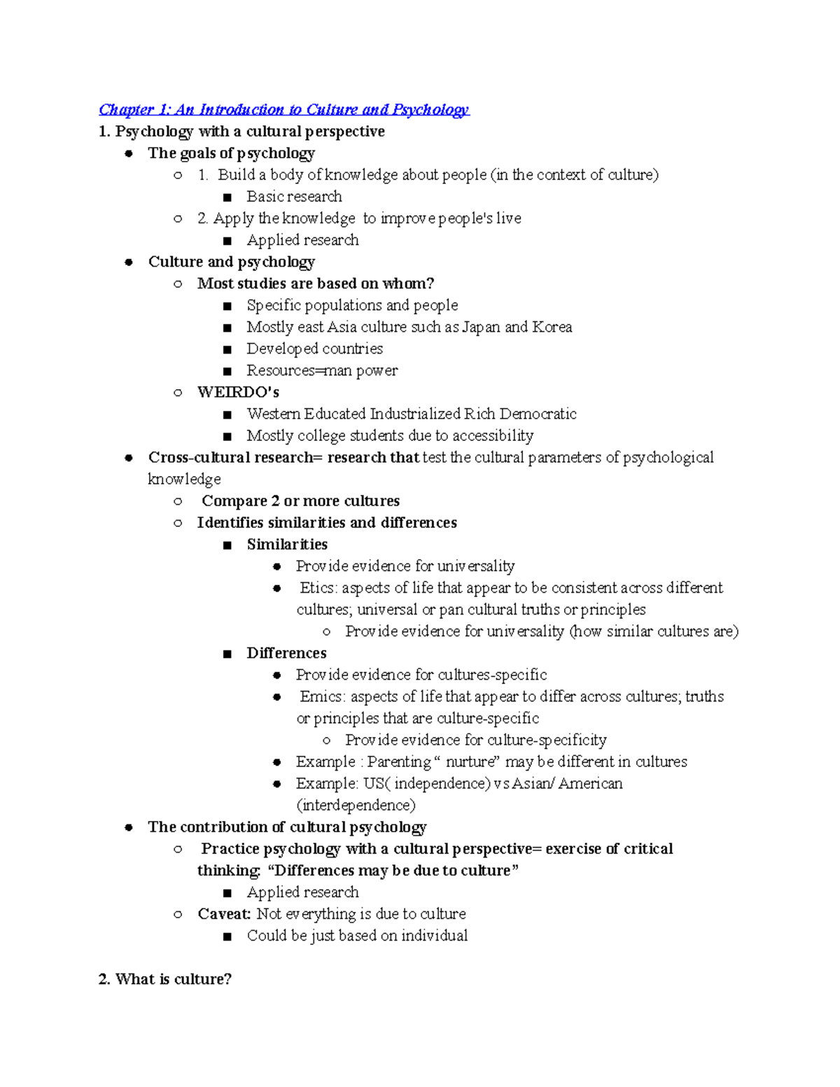 PSYC 3760 Chapter 1 and 2 - Chapter 1: An Introduction to Culture and ...
