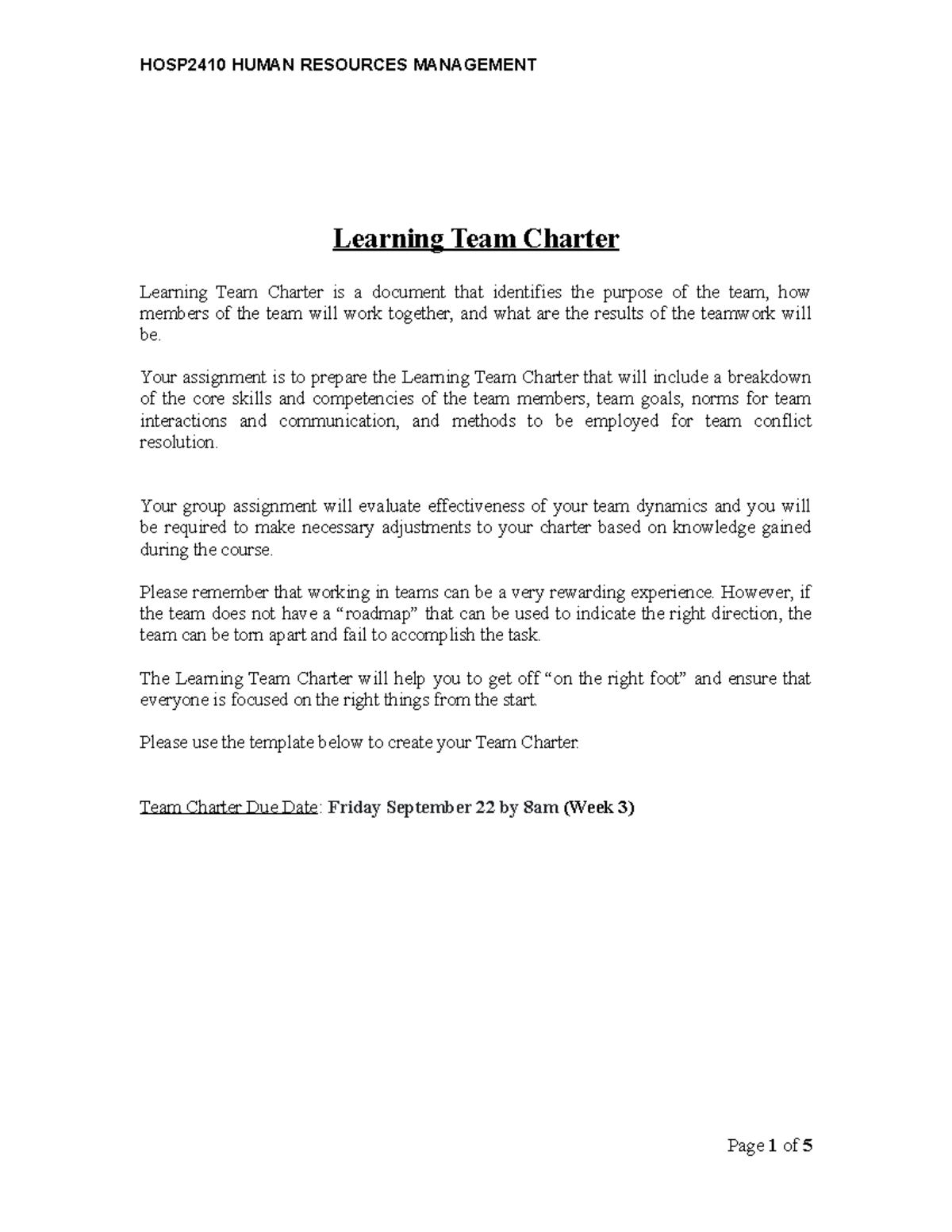 HOSP 2410 Learning Team Charter - Learning Team Charter Learning Team ...