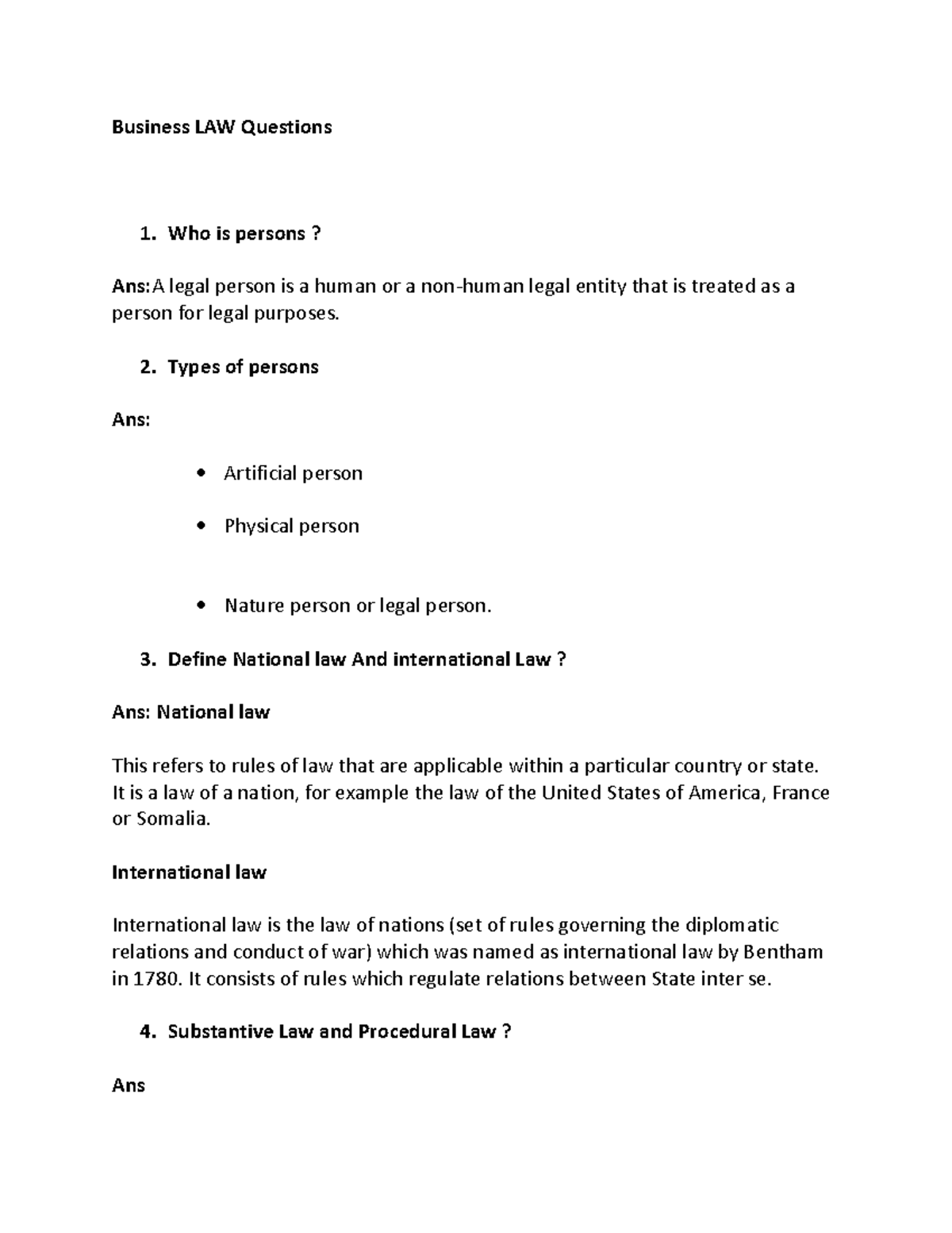 Businnes Law Questions - Business LAW Questions 1. Who is persons? Ans ...