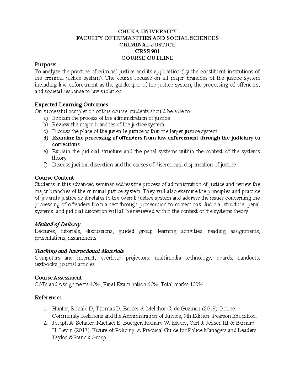 Criminal Justice Outline - CHUKA UNIVERSITY FACULTY OF HUMANITIES AND ...