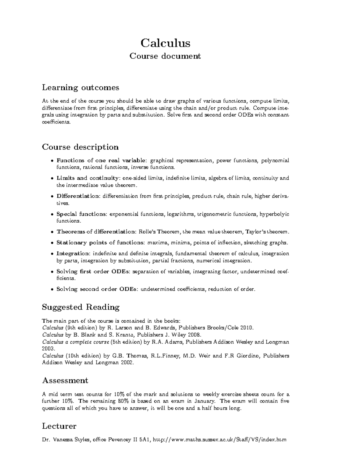 Calculus course summary - Calculus Course document Learning outcomes At ...