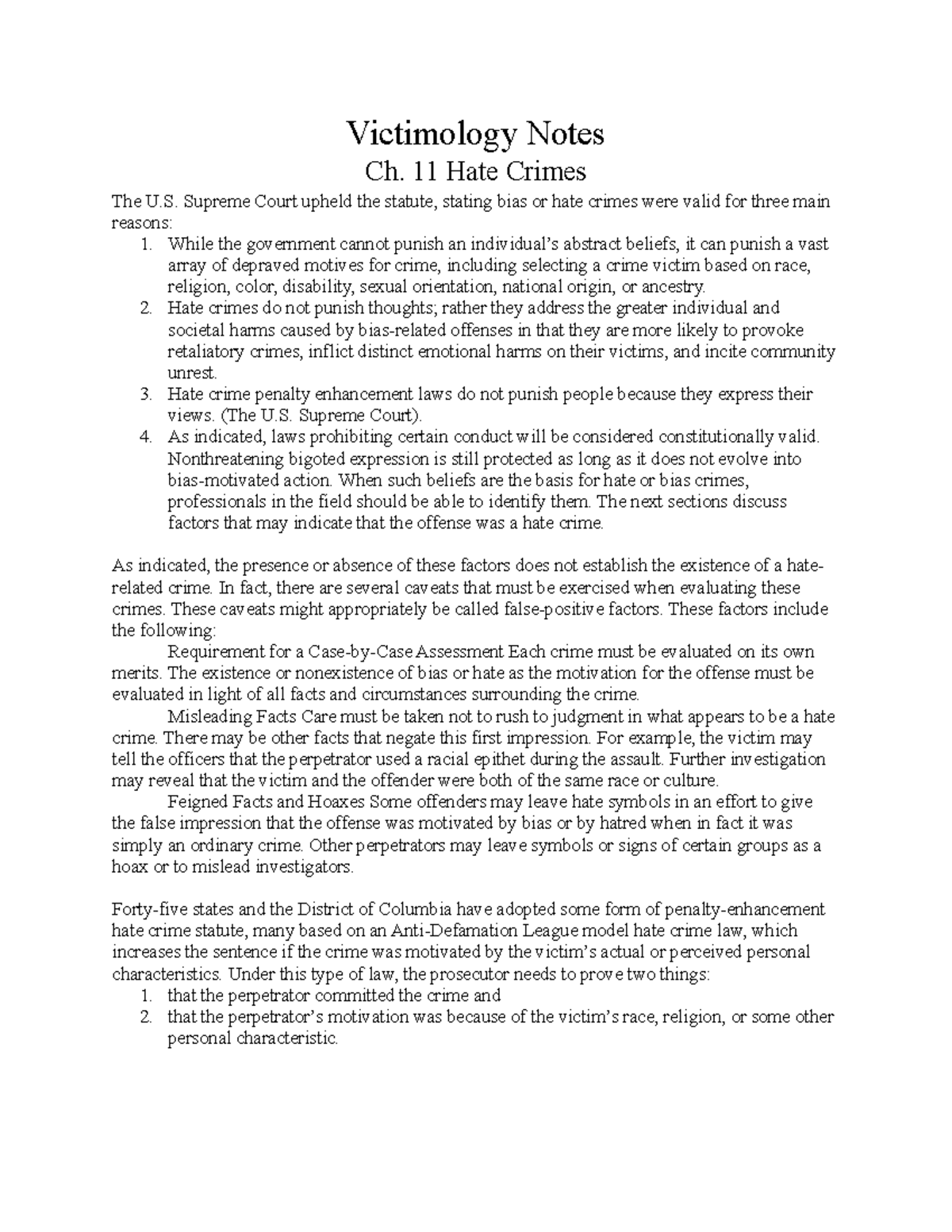 Victimology Notes for Ch - Victimology Notes Ch. 11 Hate Crimes The U ...