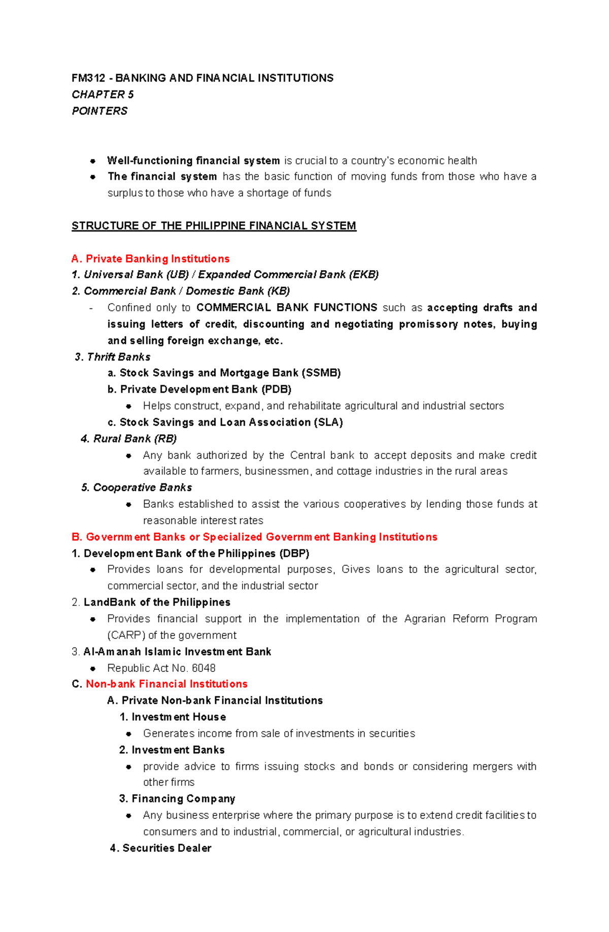Fm312 Pointers Guide Notes Fm312 Banking And Financial Institutions Chapter 5 Pointers 
