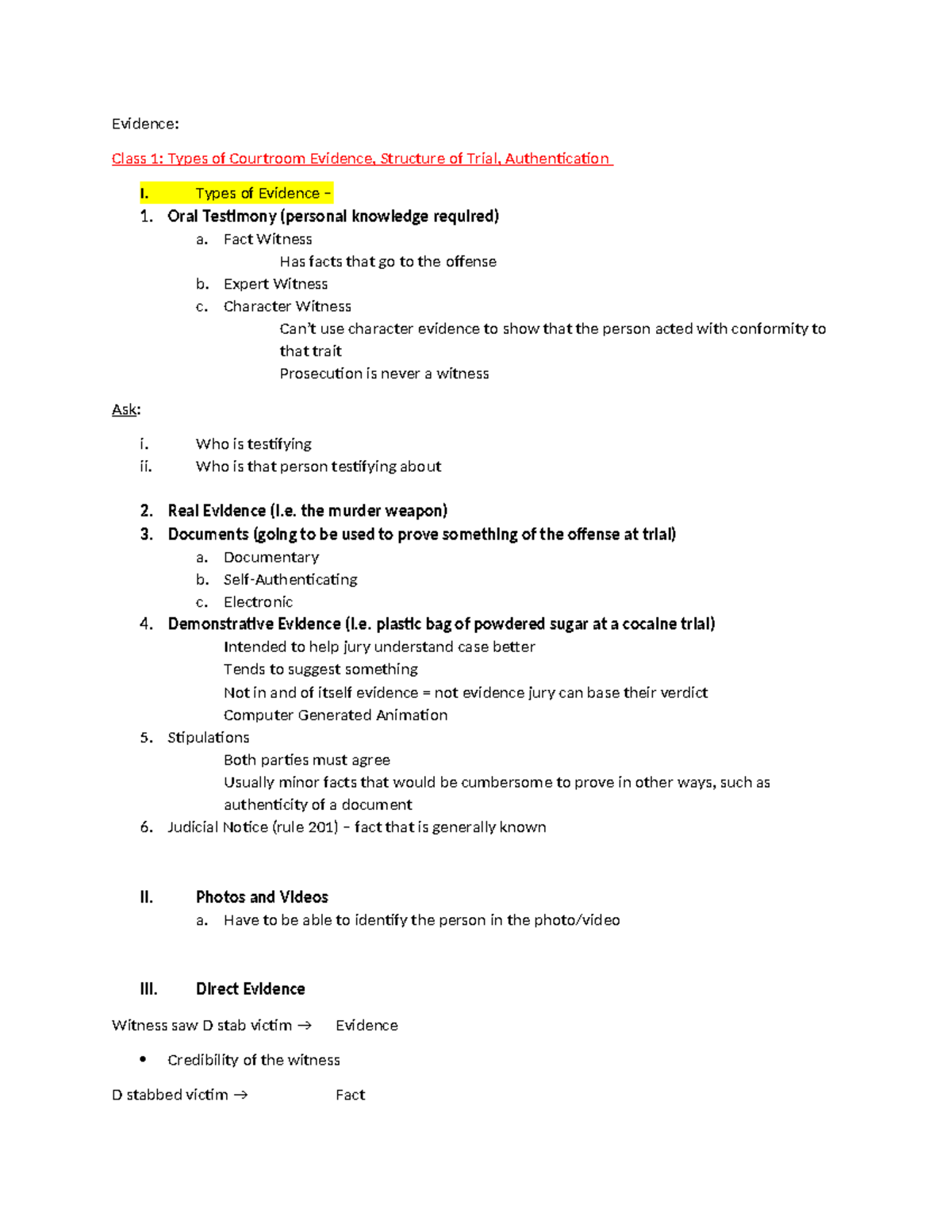 Evidence Outline - Evidence: Class 1: Types of Courtroom Evidence ...