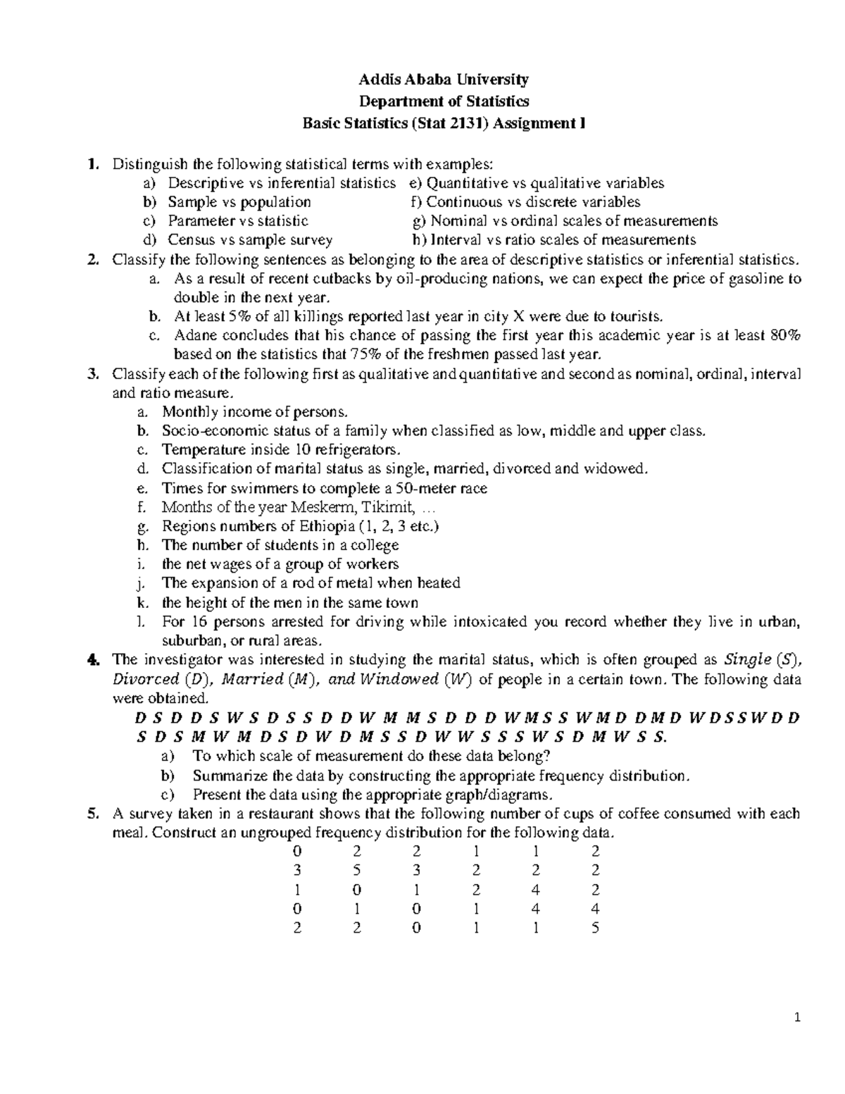 Worksheet one Acct - Group projects - 1 Addis Ababa University Department of Statistics Basic ...