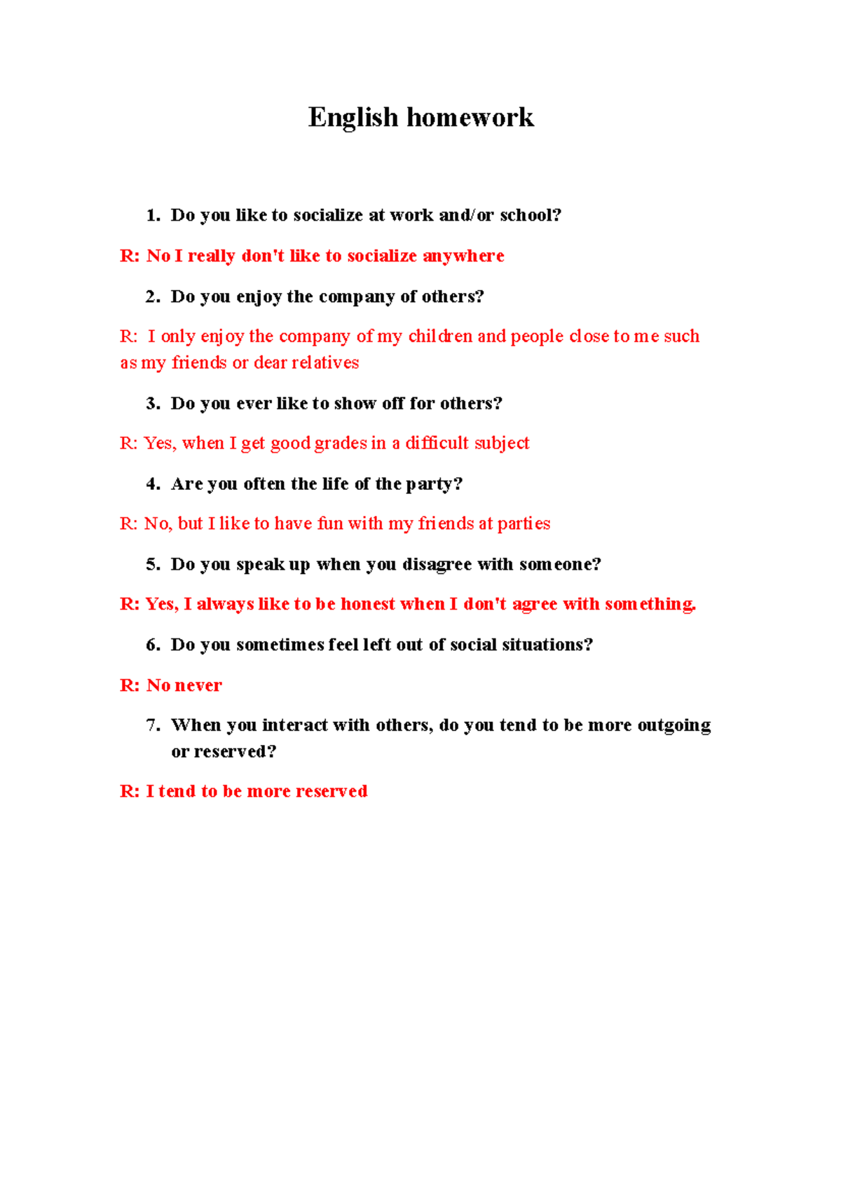 English homework - Tarea de clase - English homework Do you like to ...