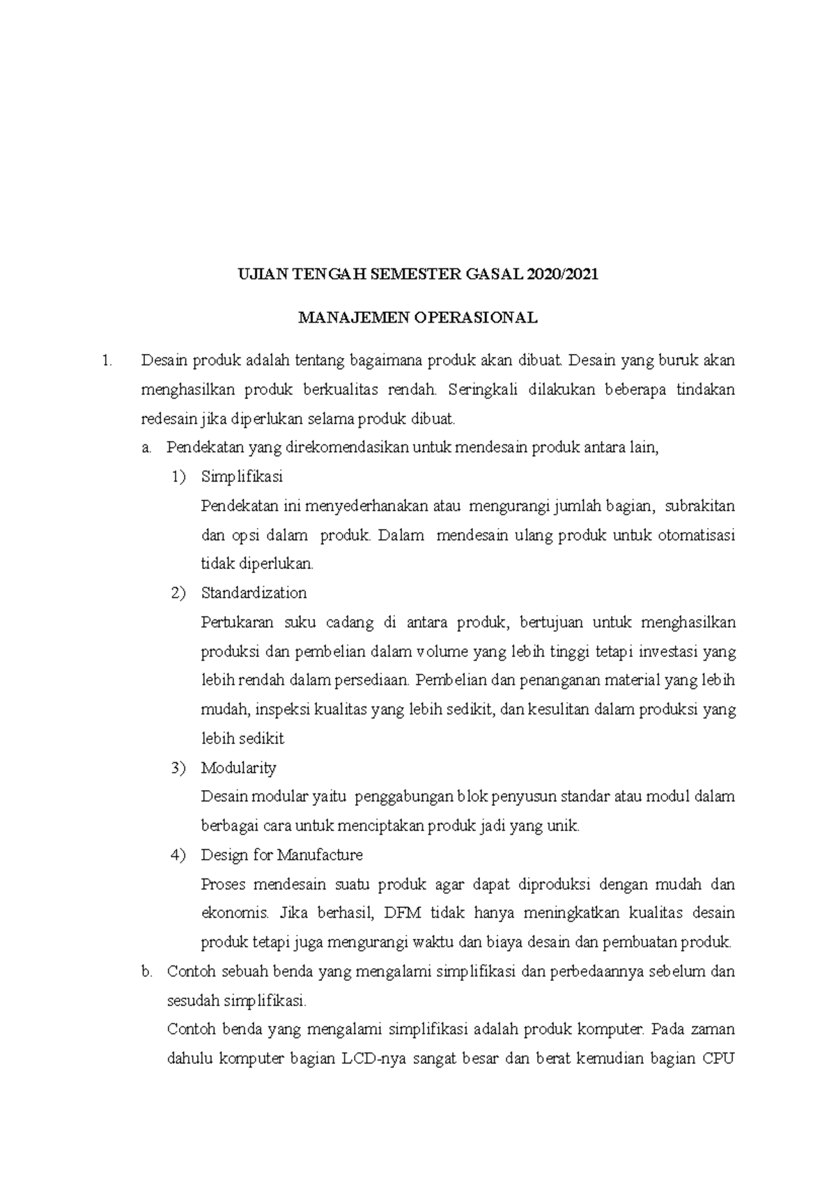 UTS MO - uts manajemen operasional - UJIAN TENGAH SEMESTER GASAL 2020/ MANAJEMEN OPERASIONAL ...