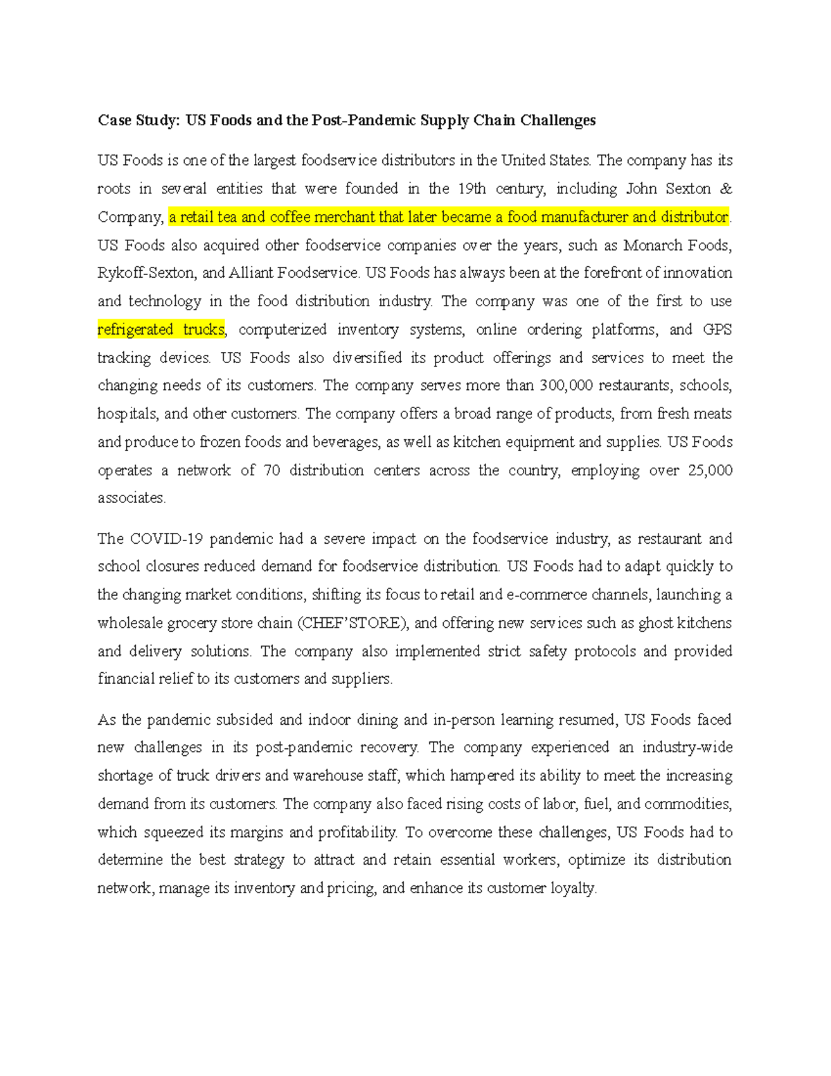Logistics service quality Case Study Elearning - Case Study: US Foods ...