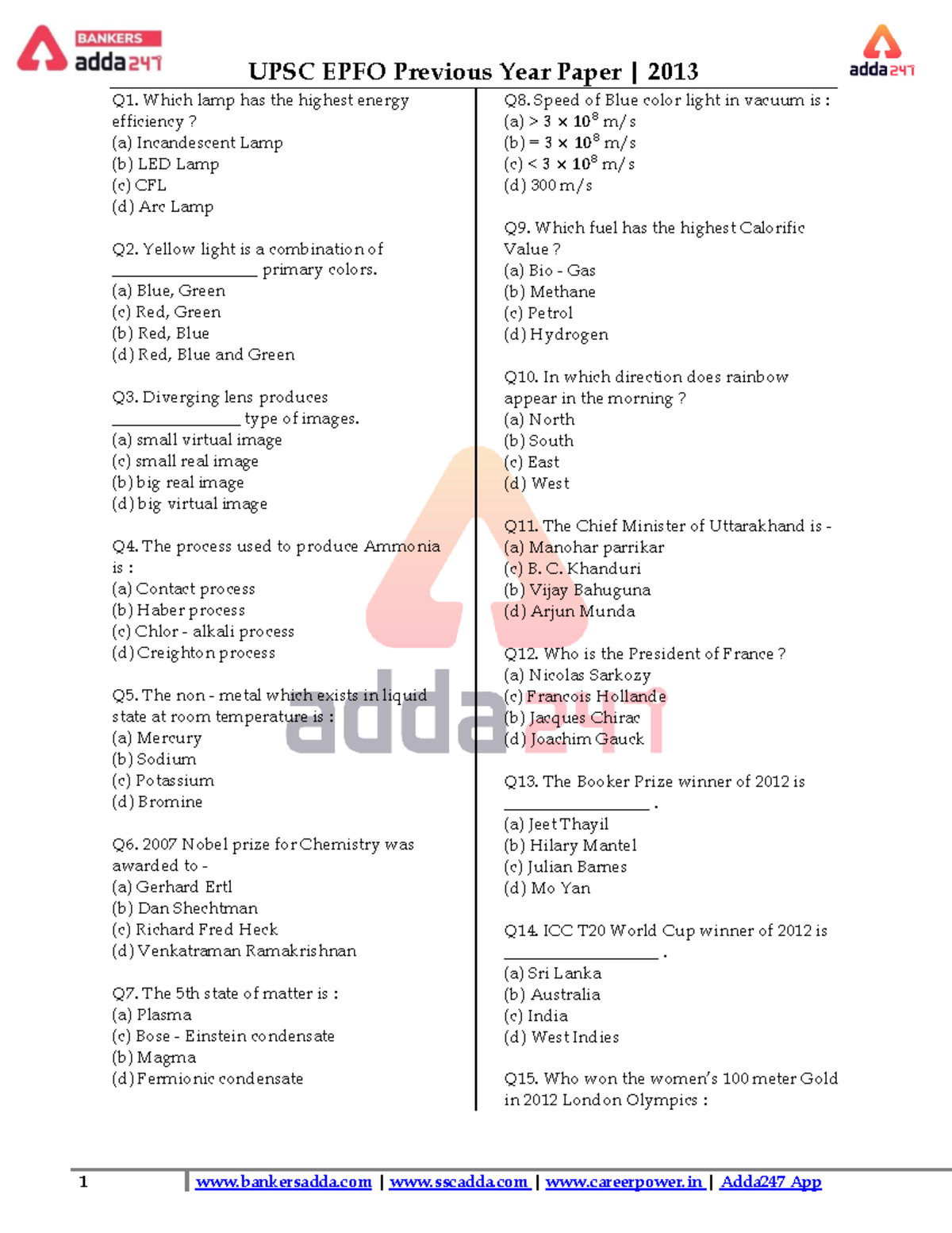 UPSC EPFO Previous Year Paper 2013 Questions PDF - Bachelor of Arts ...