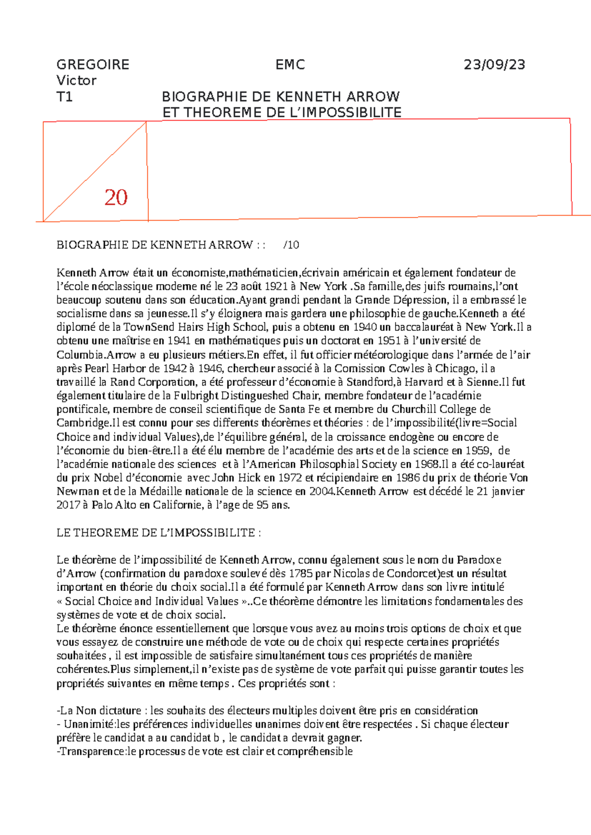Travail sur Kenneth arrow - GREGOIRE EMC 23/09/ Victor T1 BIOGRAPHIE DE ...
