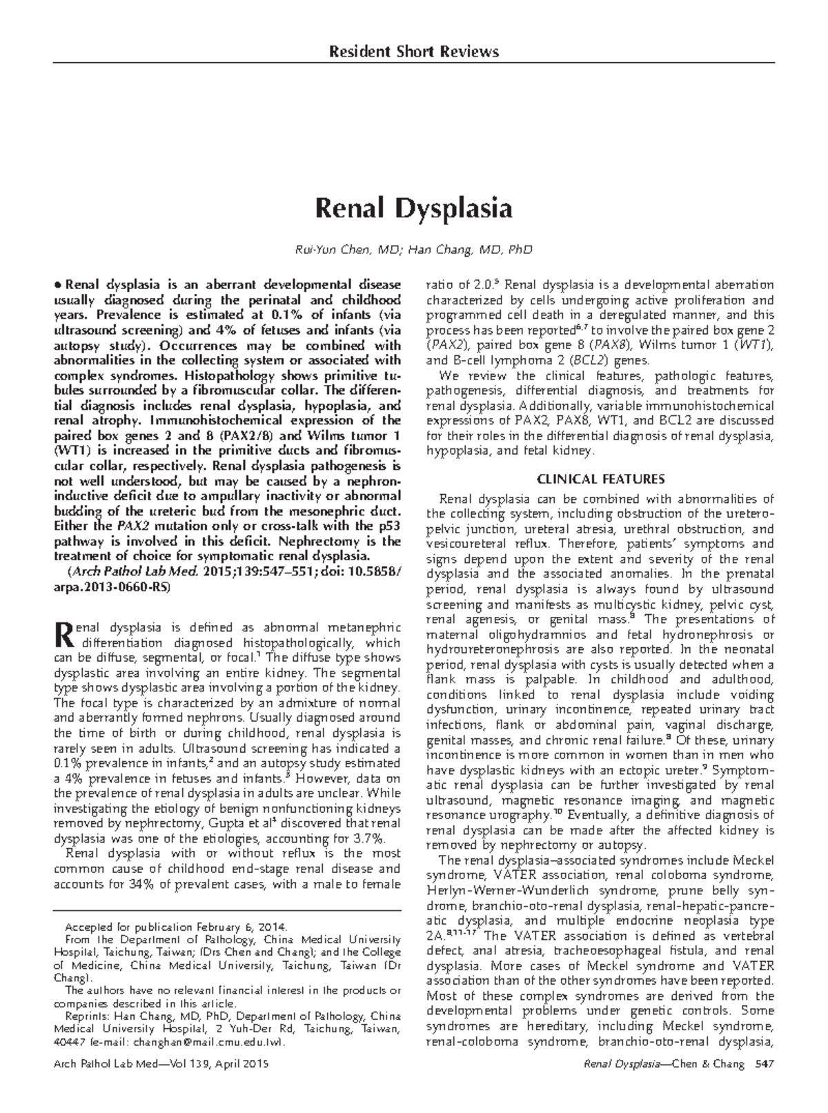 Articulo 1 - uro - Resident Short Reviews Renal Dysplasia Rui-Yun Chen ...