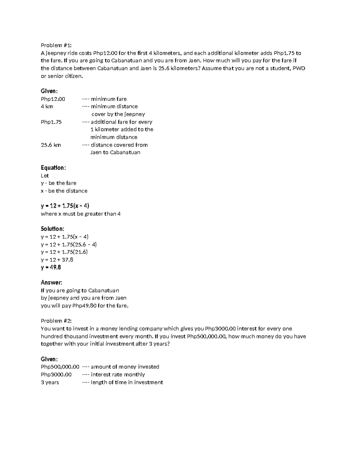 Gab scaffold 3rd quarter - Problem #1: A jeepney ride costs Php12 for the first 4 kilometers ...