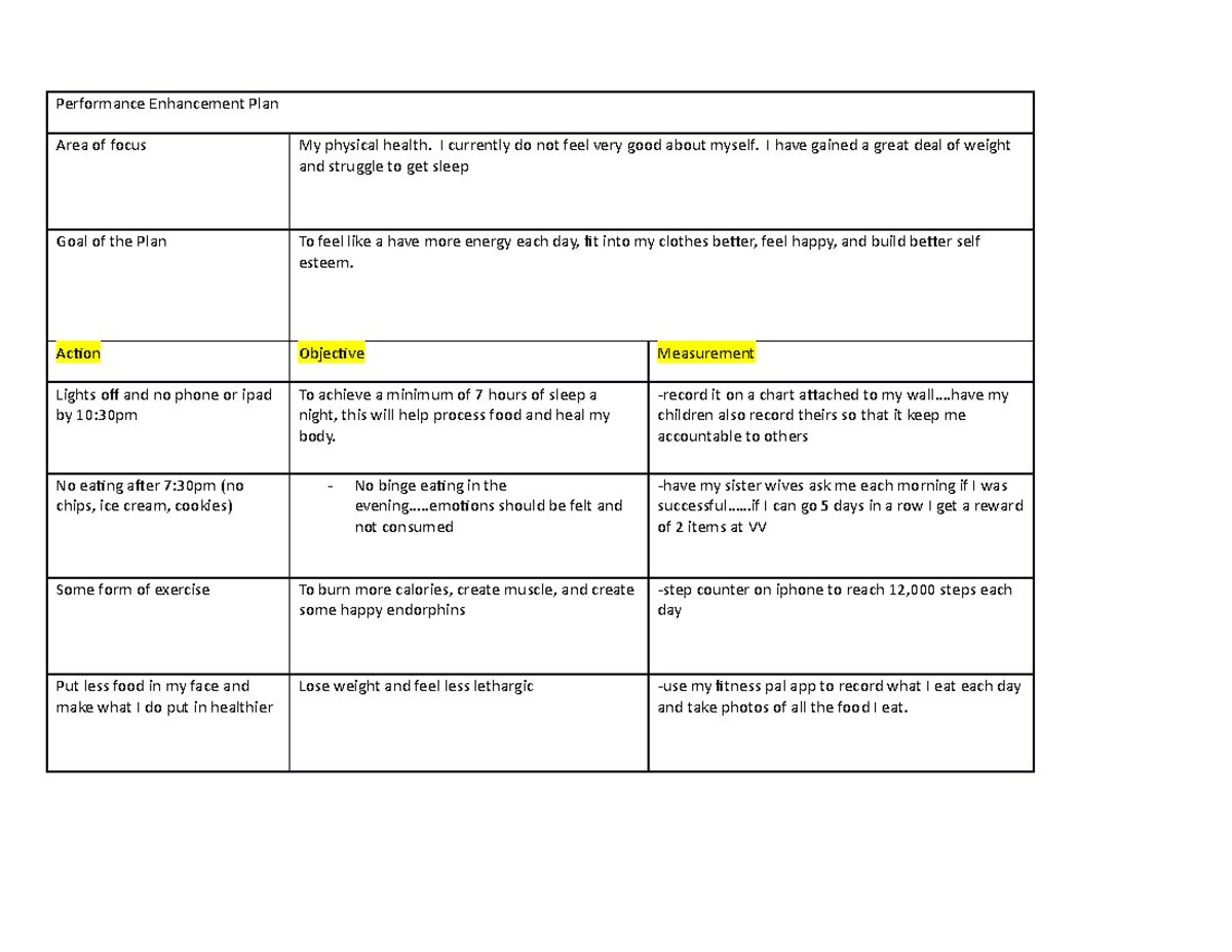 Pip proposal example(1) - Performance Enhancement Plan Area of focus My ...