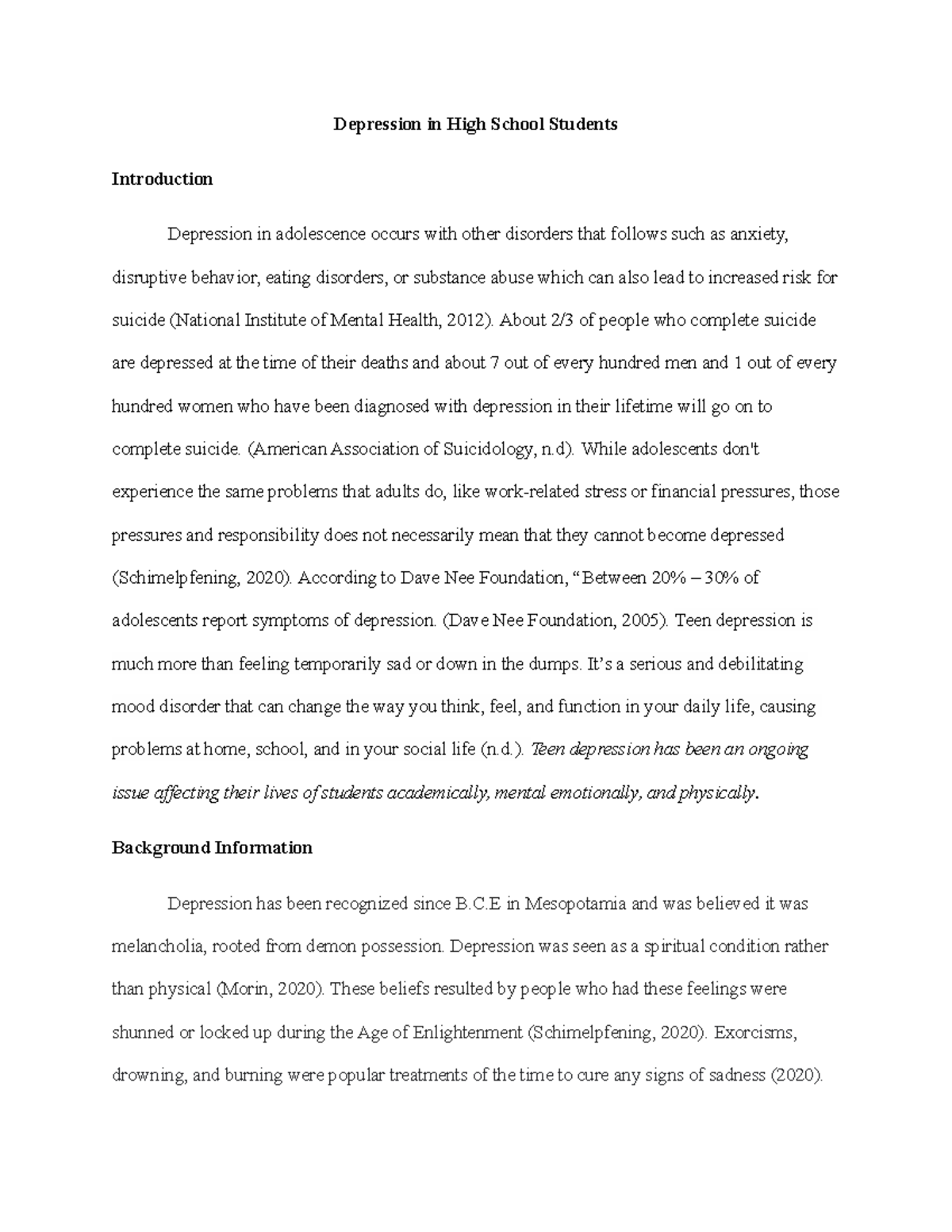 Depression in High School Students research paper draft - Depression in ...