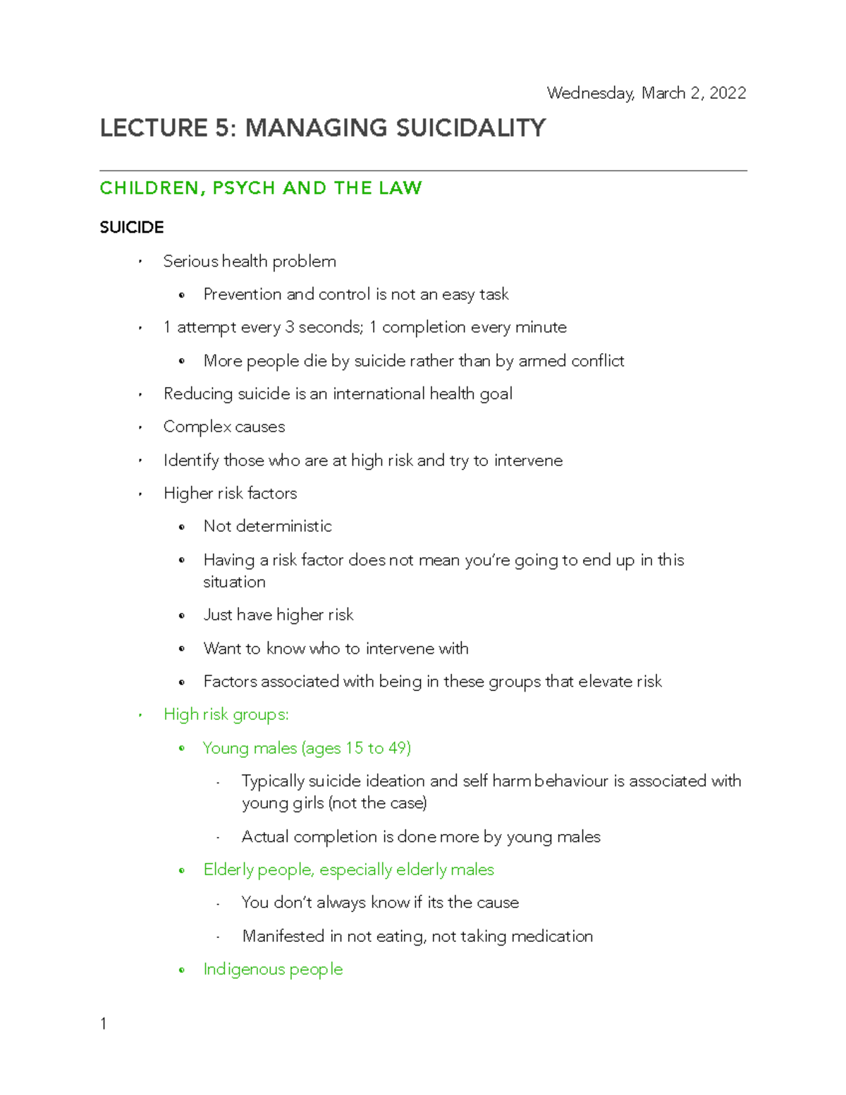 Lecture 5 managing suicidality - LECTURE 5: MANAGING SUICIDALITY ...