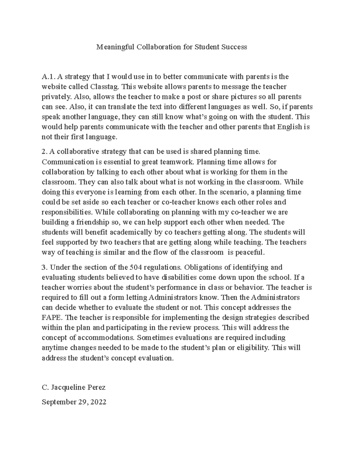 Meaningful Collaboration for Student Success- Task 3 - Meaningful ...