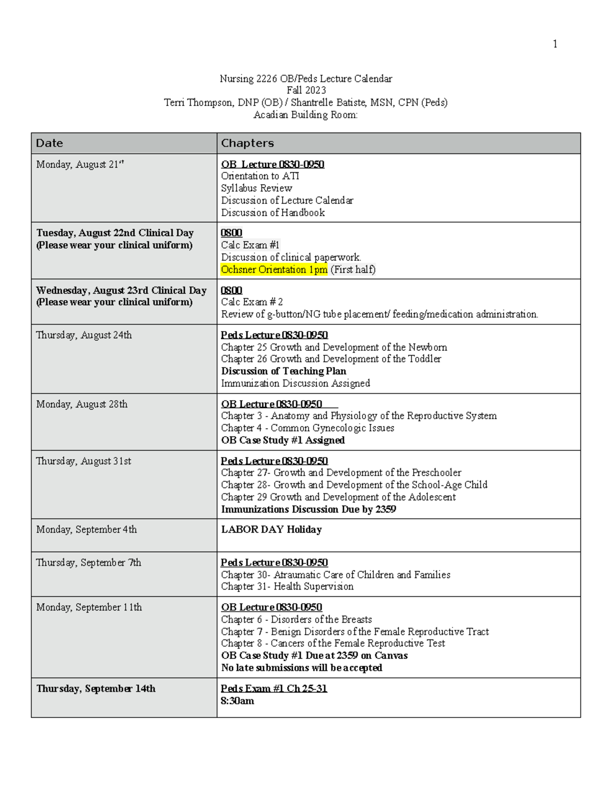 Nursing 2226 Peds OB Lecture Calendar Fall 2023 updated 8.16.23 ...