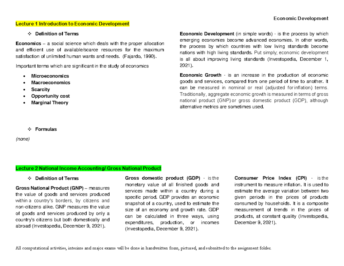 Eco Dev-Notes - Lecture 1 Introduction to Economic Development ...