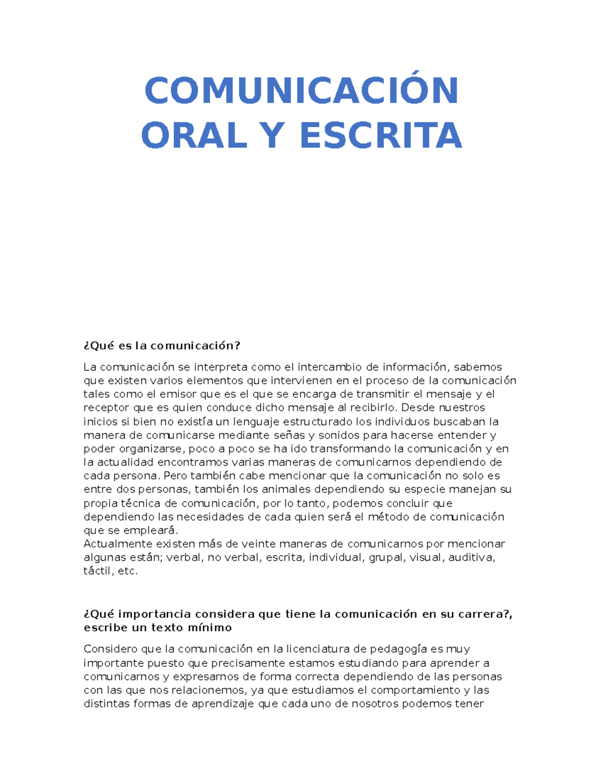 Comunicacion Semana 1 - COMUNICACIÓN ORAL Y ESCRITA ¿Qué es la ...