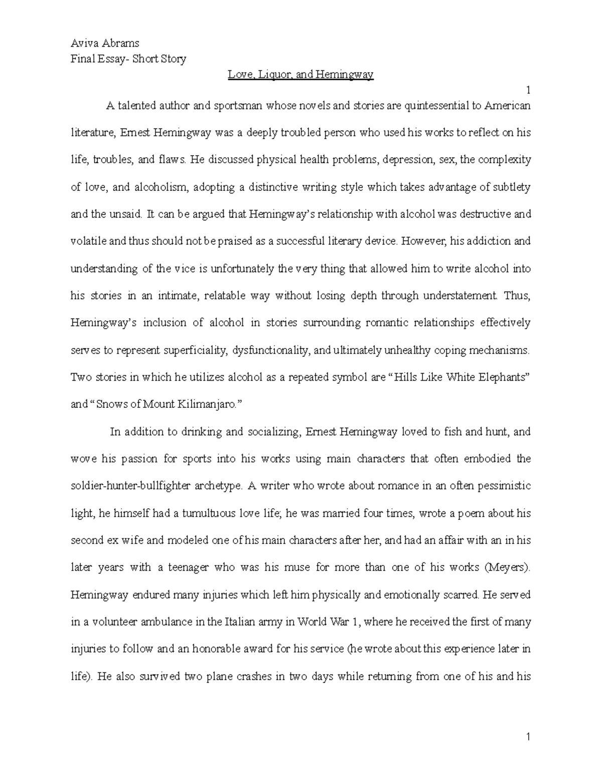 Short story essay - Aviva Abrams Final Essay- Short Story Love, Liquor ...
